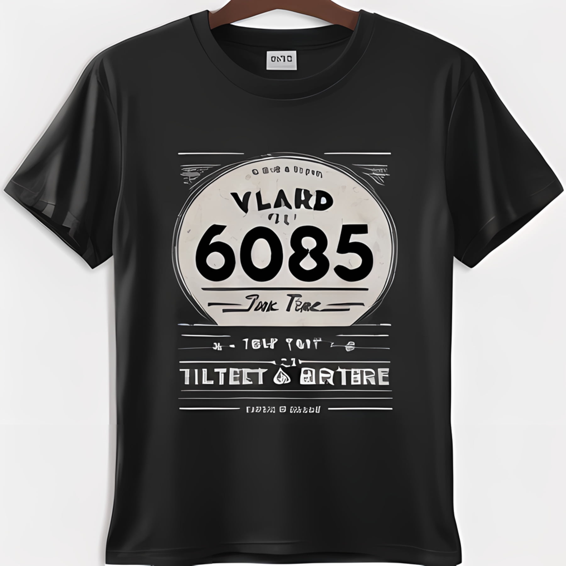 Vintage Art Black T-Shirt with Bold '6085' Number Geometric Shapes and ...