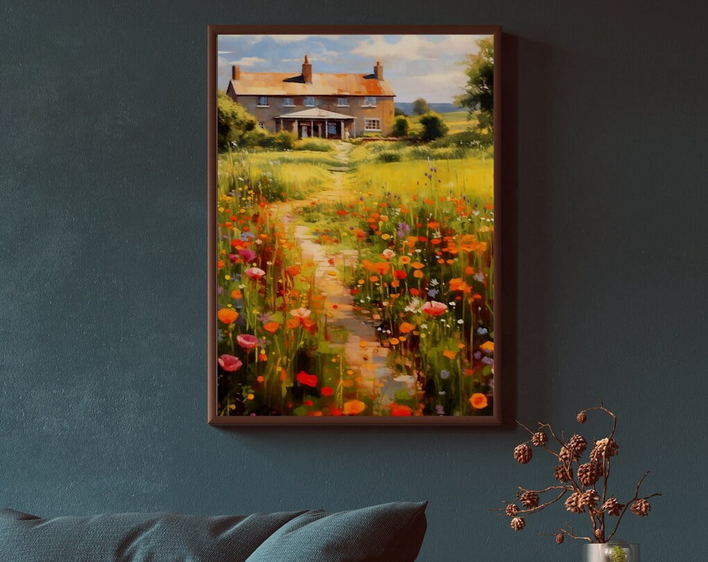 Vintage Art Print, English Countryside Painting Of Farm House With ...
