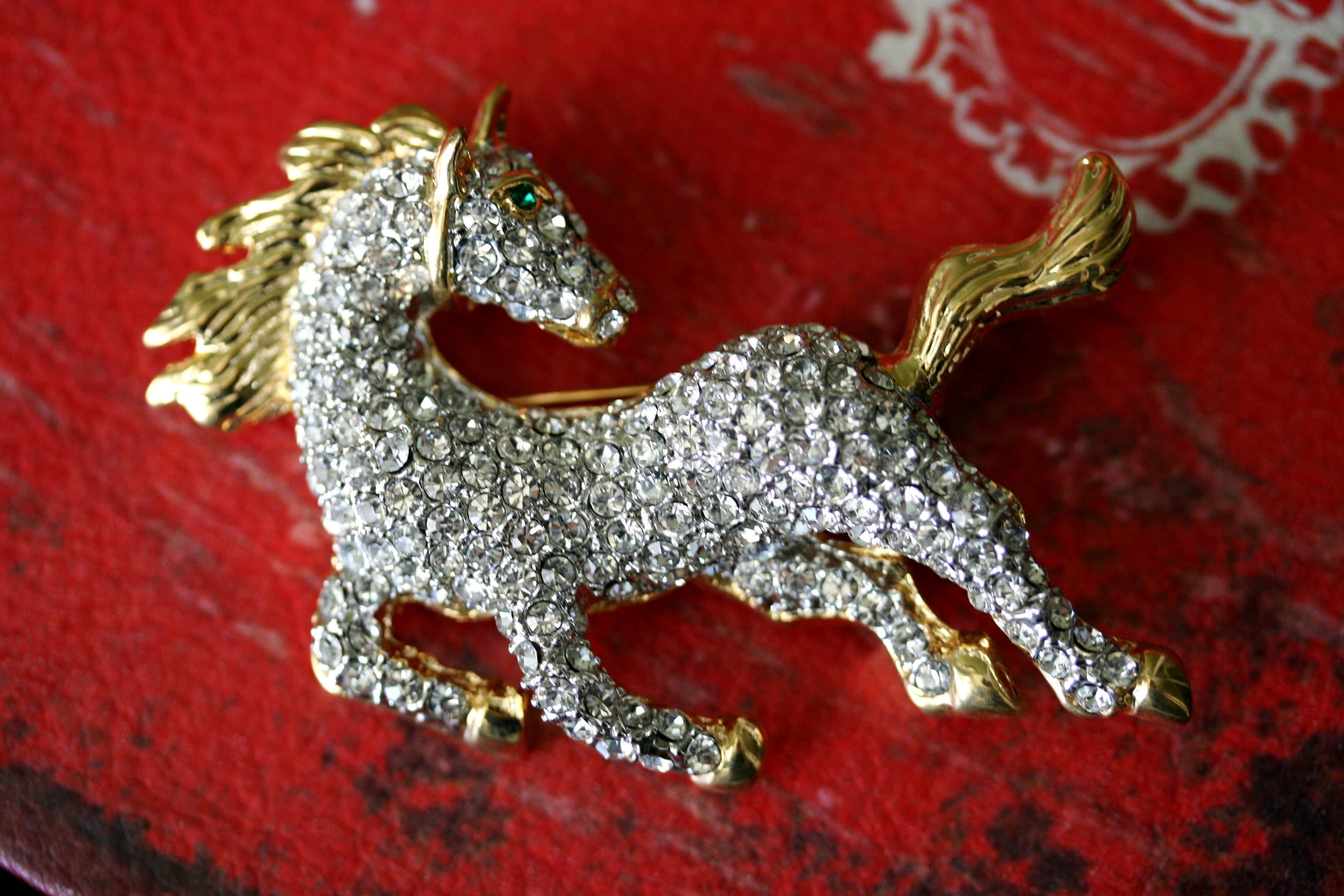Vintage Art Rhinestone Galloping Horse Pin, Diamante Running Horse ...