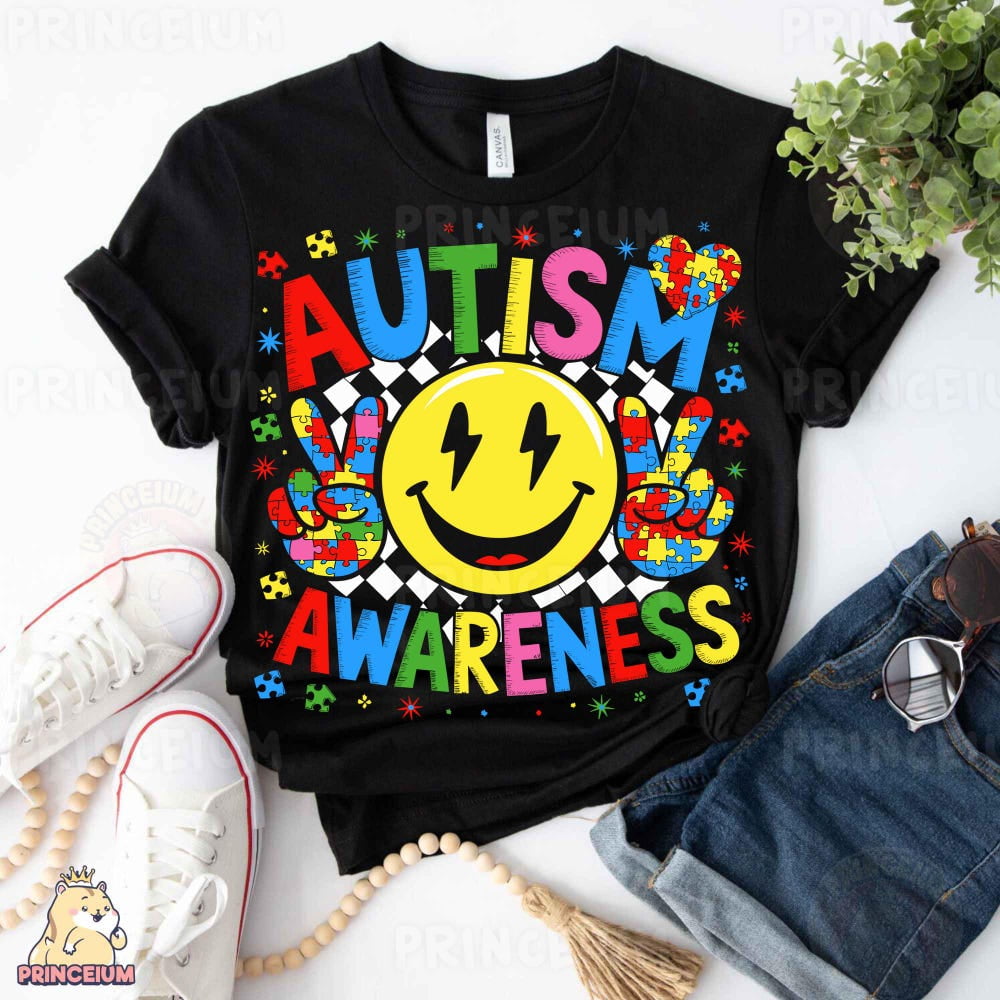 Vintage Autism Awareness, Smiley Face, Puzzle Piece, Colorful Peace ...