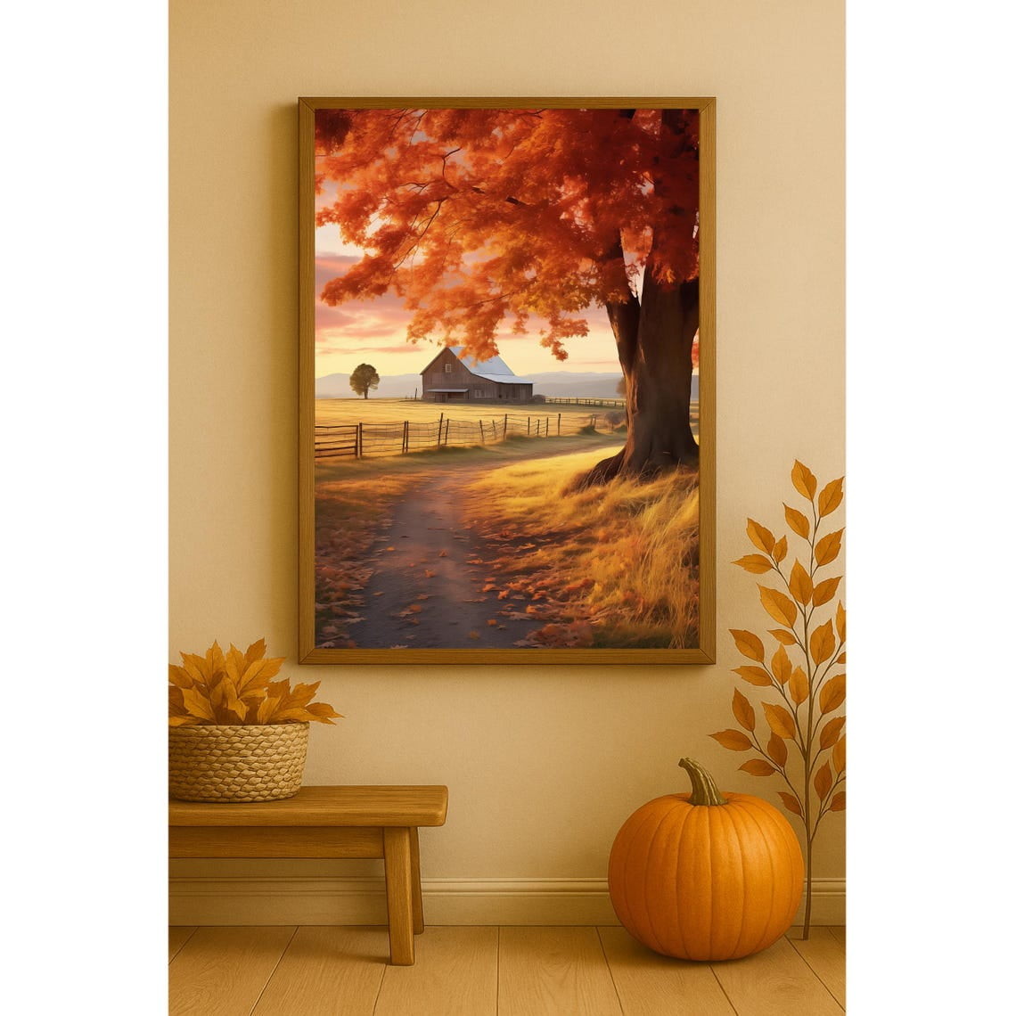 Vintage Autumn Barn Print, Rustic Farmhouse Maple Tree Landscape Home ...