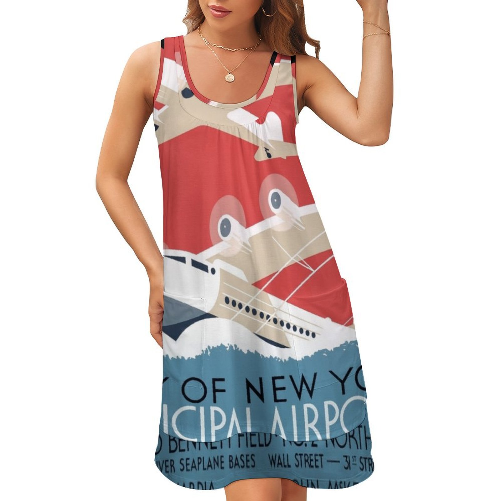Vintage Aviation Poster 1930s Sleeveless U-Neck Fake Two Piece Dress ...
