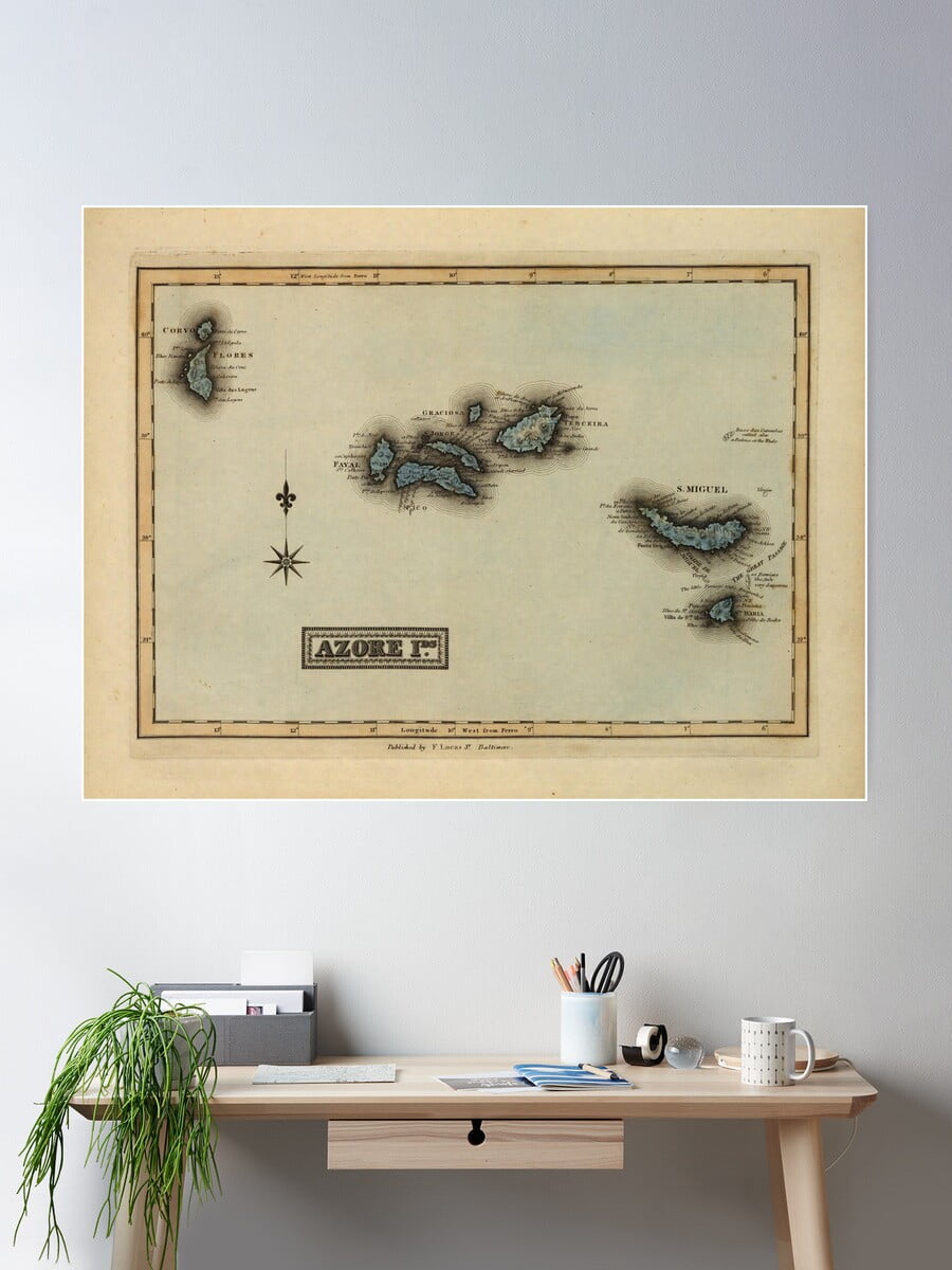 Vintage Azores Islands Map (1823) Poster Wall Art, Modern Wall Decor ...
