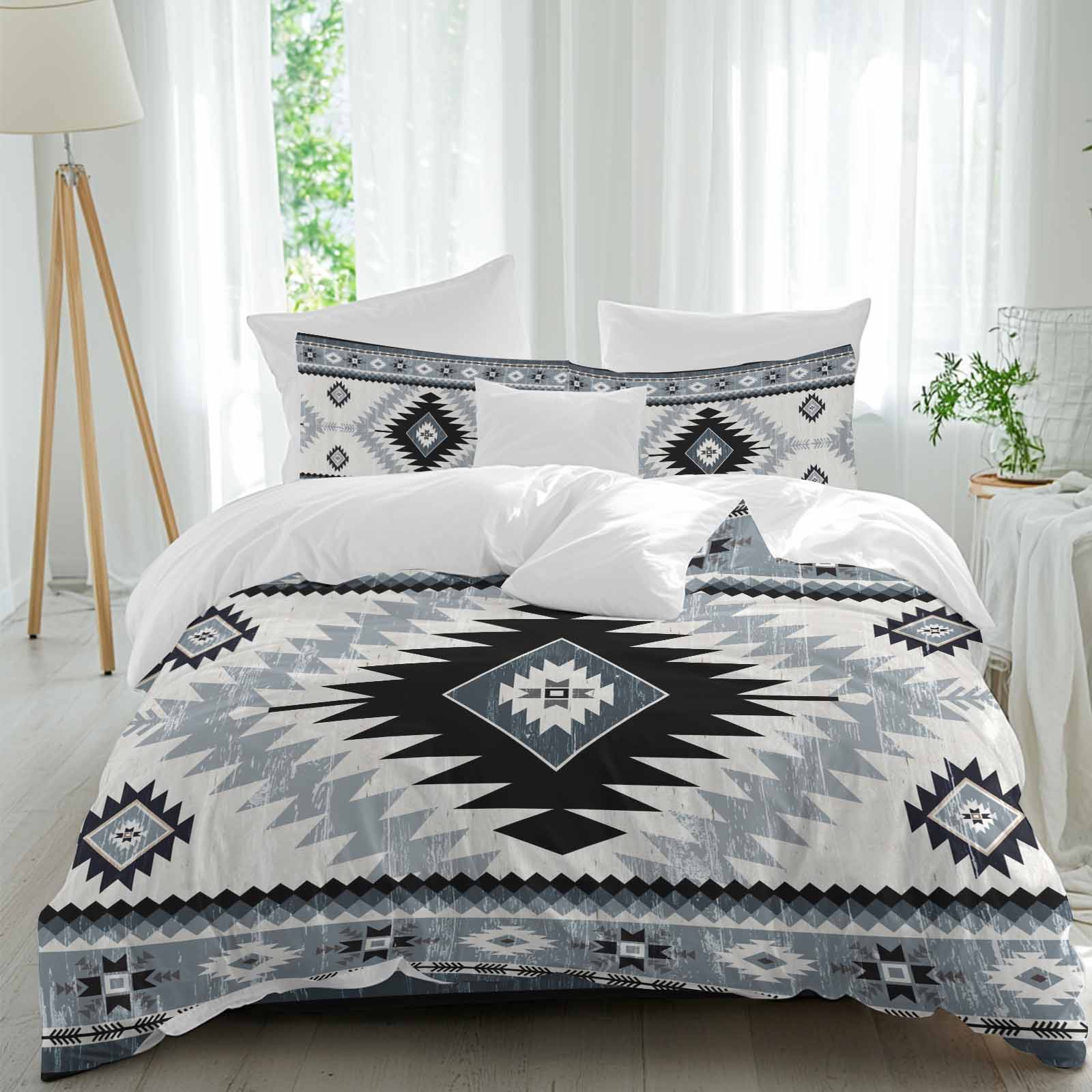 Vintage Aztec Duvet Cover Set Queen Size Ethnic Tribal Style Blue Grey ...