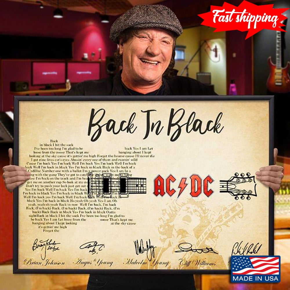 Vintage Back In Black Lyrics With Guitar Typography And ACDC Autographs ...
