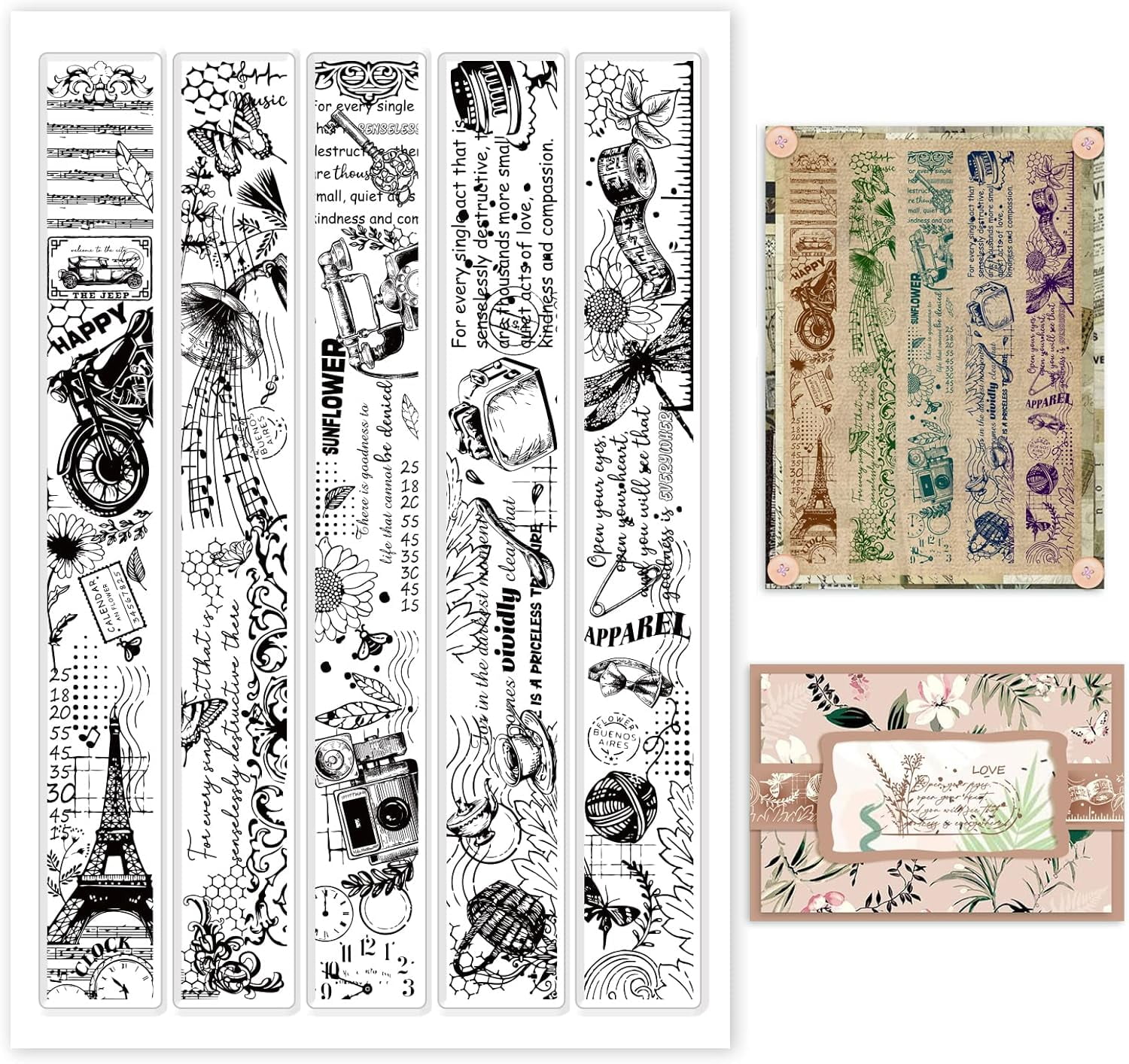 Vintage Background Clear Stamps - The Tower Camera Ink Flowers Music ...