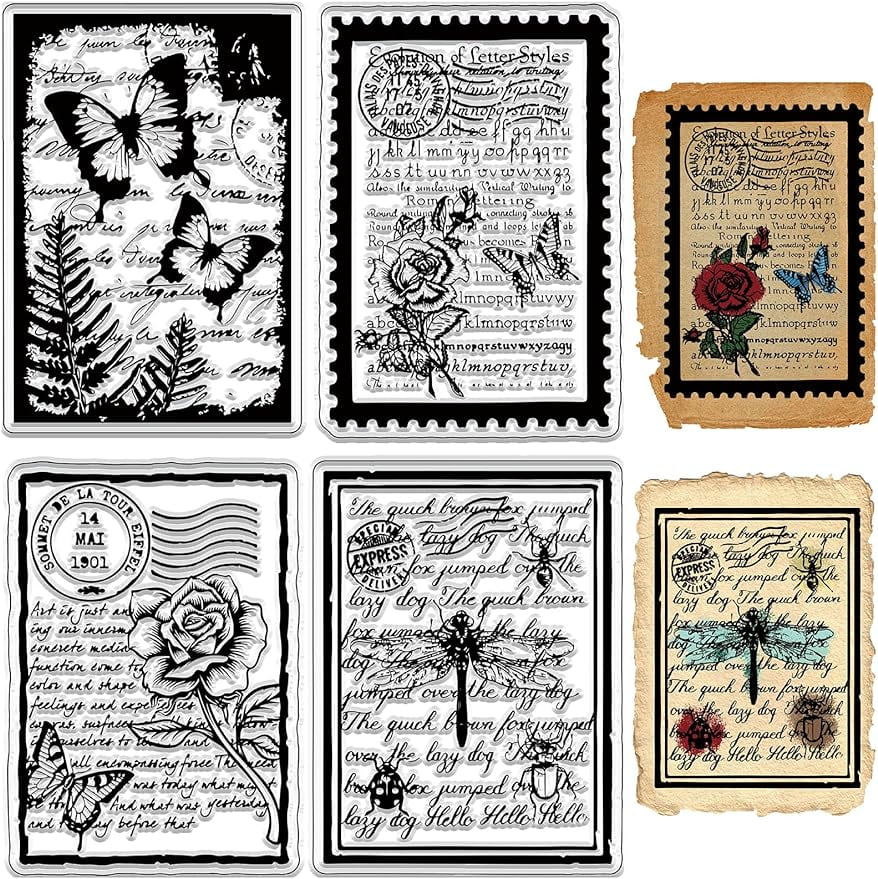 Vintage Backgrounds Clear Stamps Butterfly Rose Letter Insect Dragonfly ...