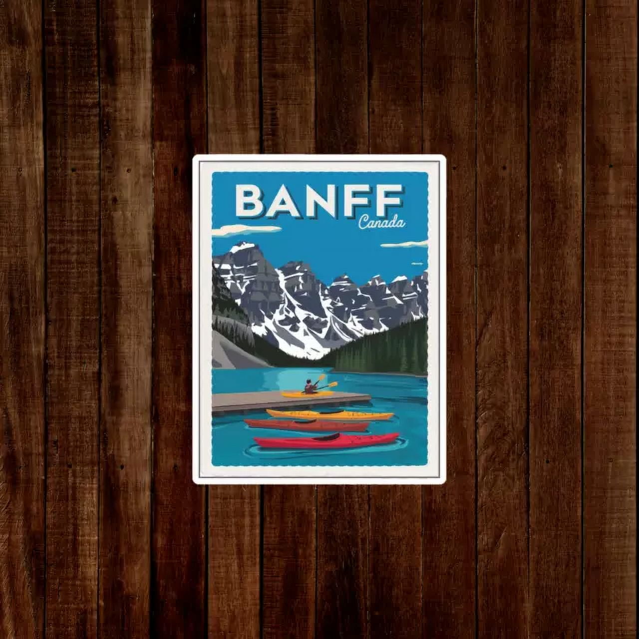 Vintage Banff Canada Travel Sticker - Kayaking Mountain Lake ...