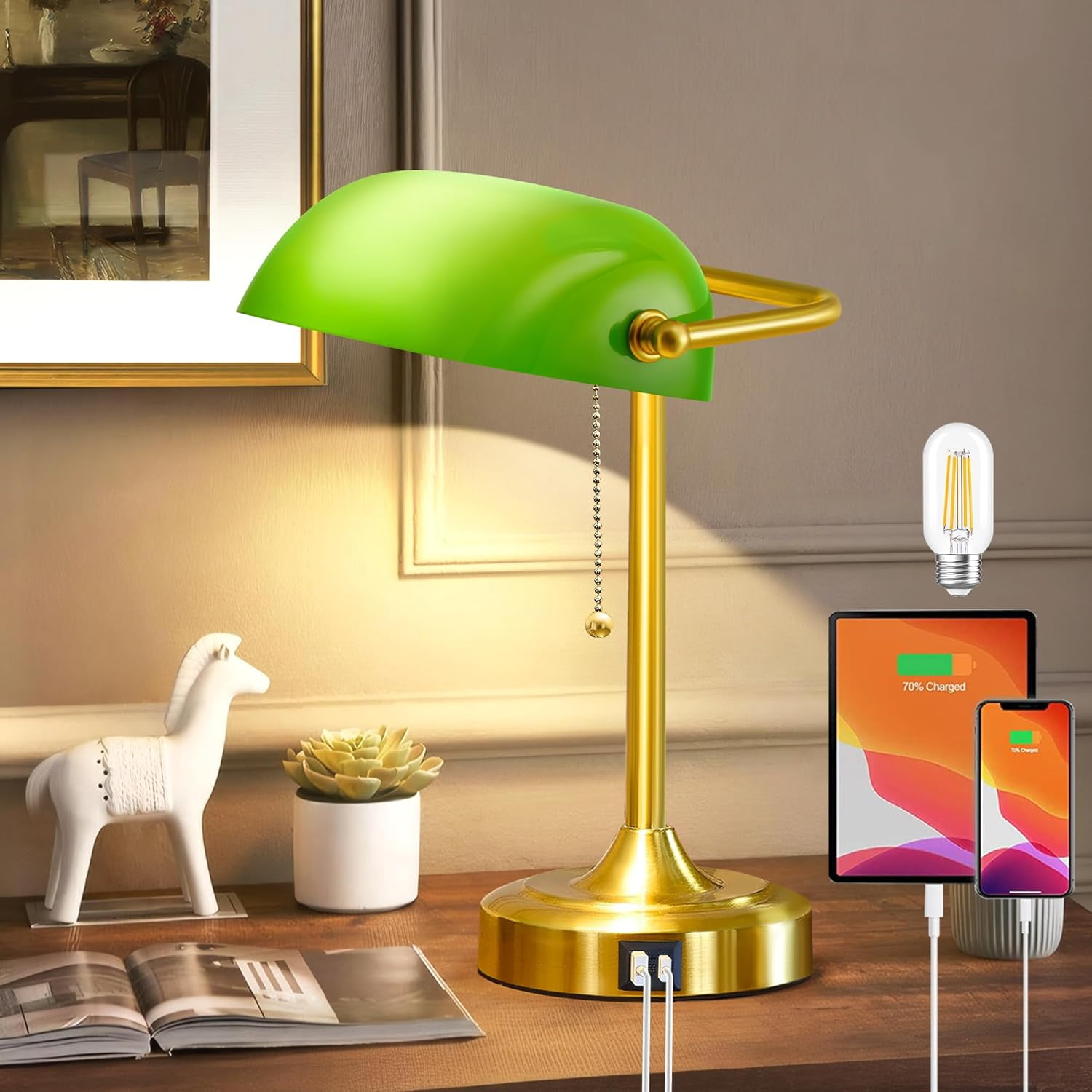 Vintage Bankers Lamp - Retro Desk Lamp with USB & Type C Charging Ports ...