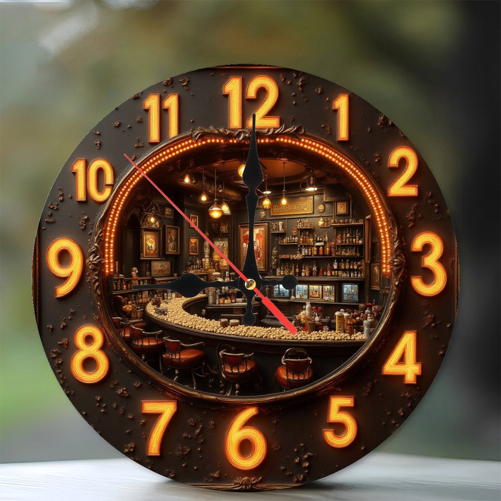 Vintage Bar Clock Neon Lights Wall Decor 10-Inch Silent Wooden Wall ...