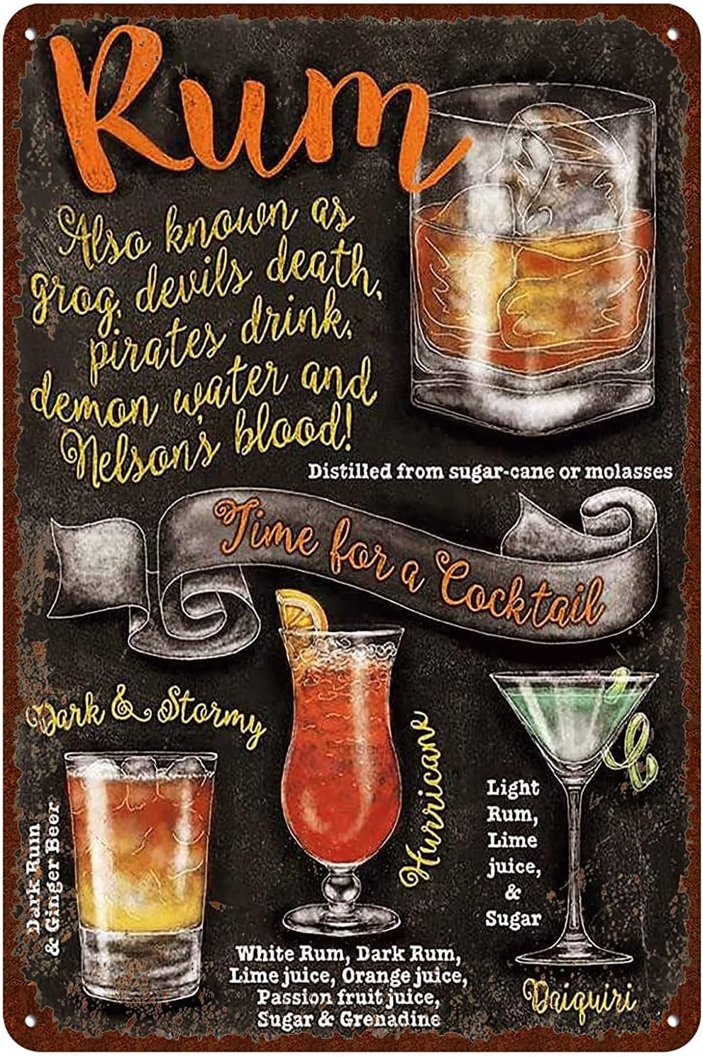 Vintage Bar Sign Classic Rum Cocktail Tin Sign, Cocktail Menu Metal Tin ...