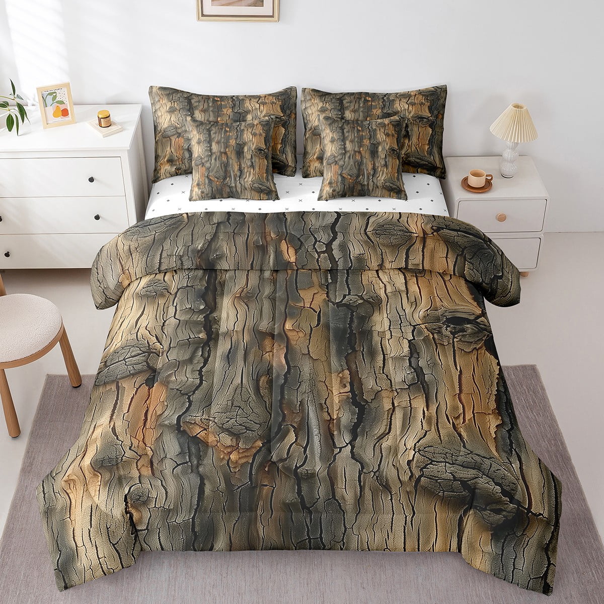 Vintage Bark Bedding Set Queen Size,Rustic Tree Bark Comforter Set 7 ...