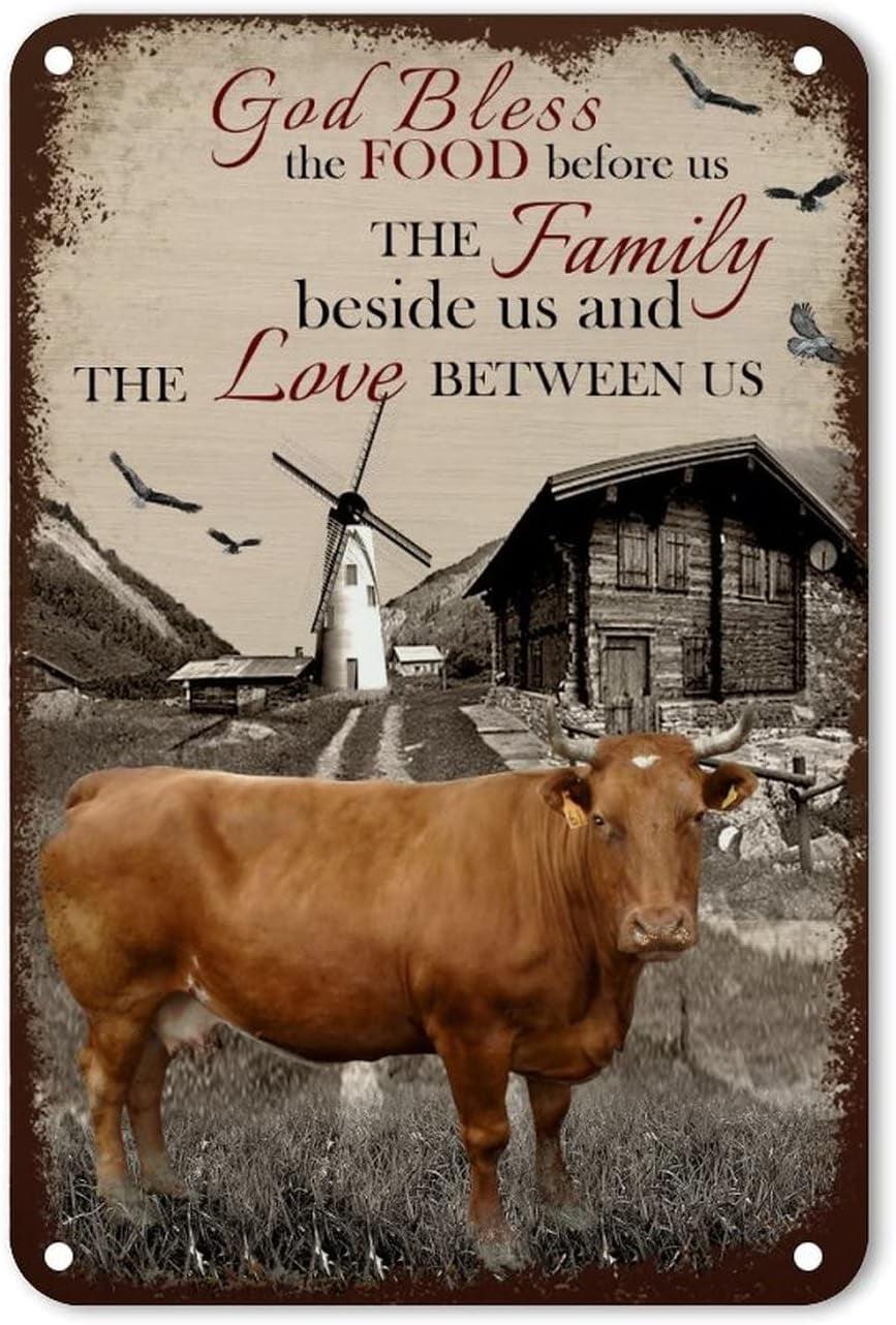 Vintage Barn Cow Windmill Metal Sign God Bless The Food Before Us The Family Tin Sign Retro ...