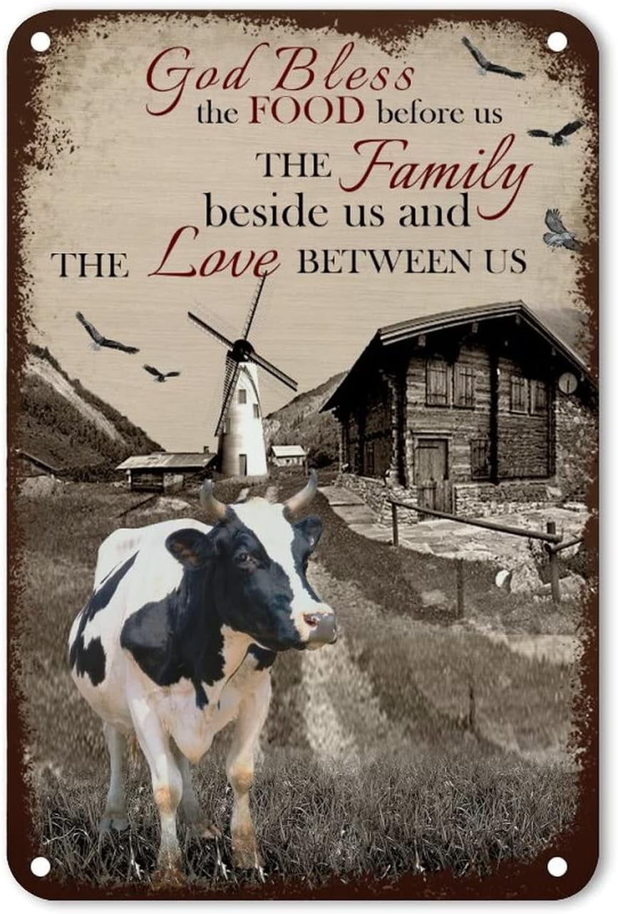 Vintage Barn Cow Windmill Metal Sign God Bless The Food Before Us The ...