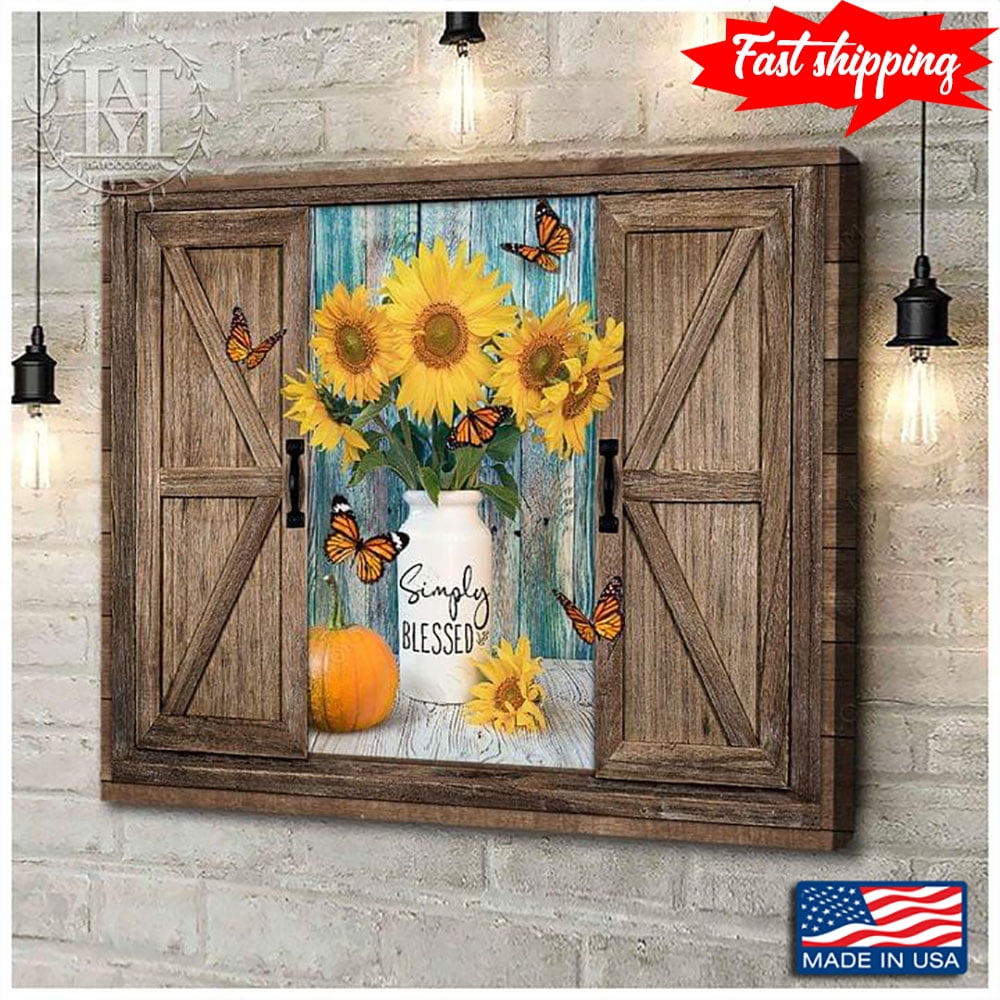 Vintage Barn Door Monarch Butterflies Flying Around Sunflowers In Vase ...