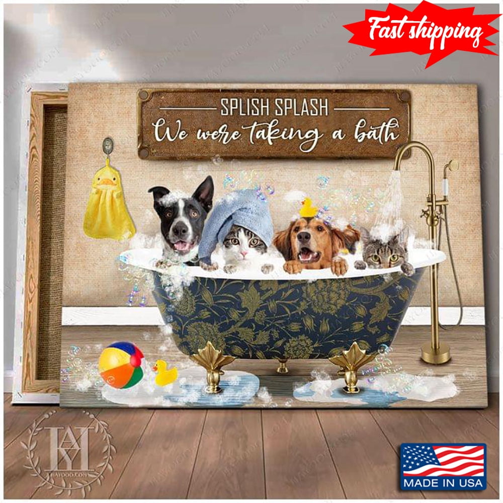 Vintage Bath Time Dogs And Cats Enjoying In The Bathtub With Rubber ...