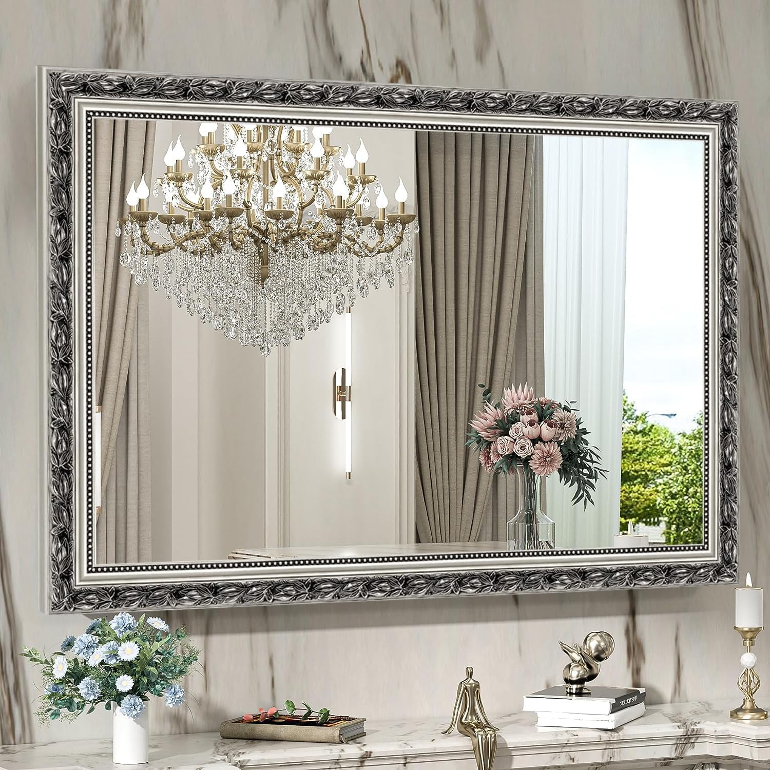 Vintage Bathroom Mirrors for Wall, Rectangle Silver Frame Wall Mounted ...