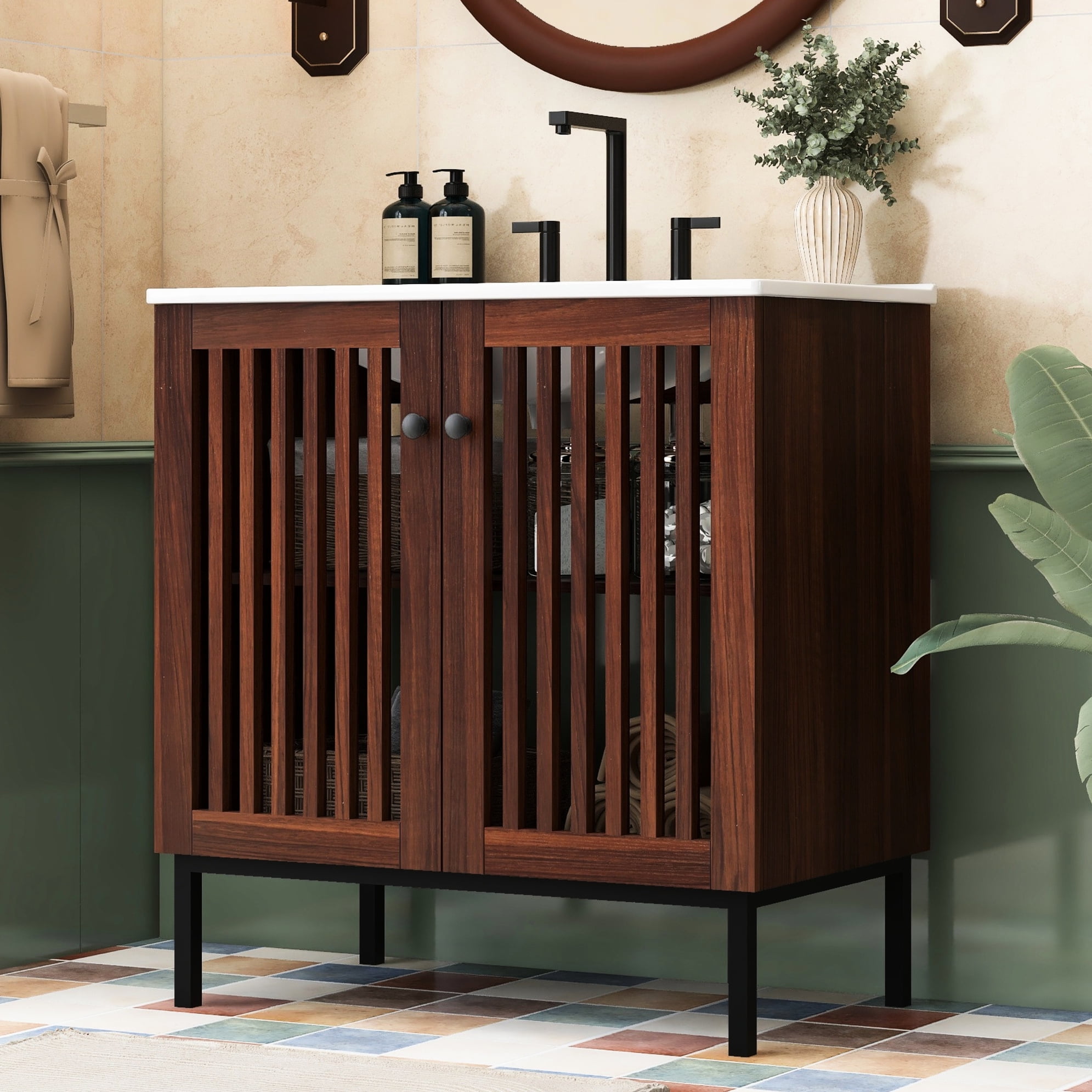 Vintage Bathroom Vanity With Ceramic Basin. Large Storage Cabinet, Door ...