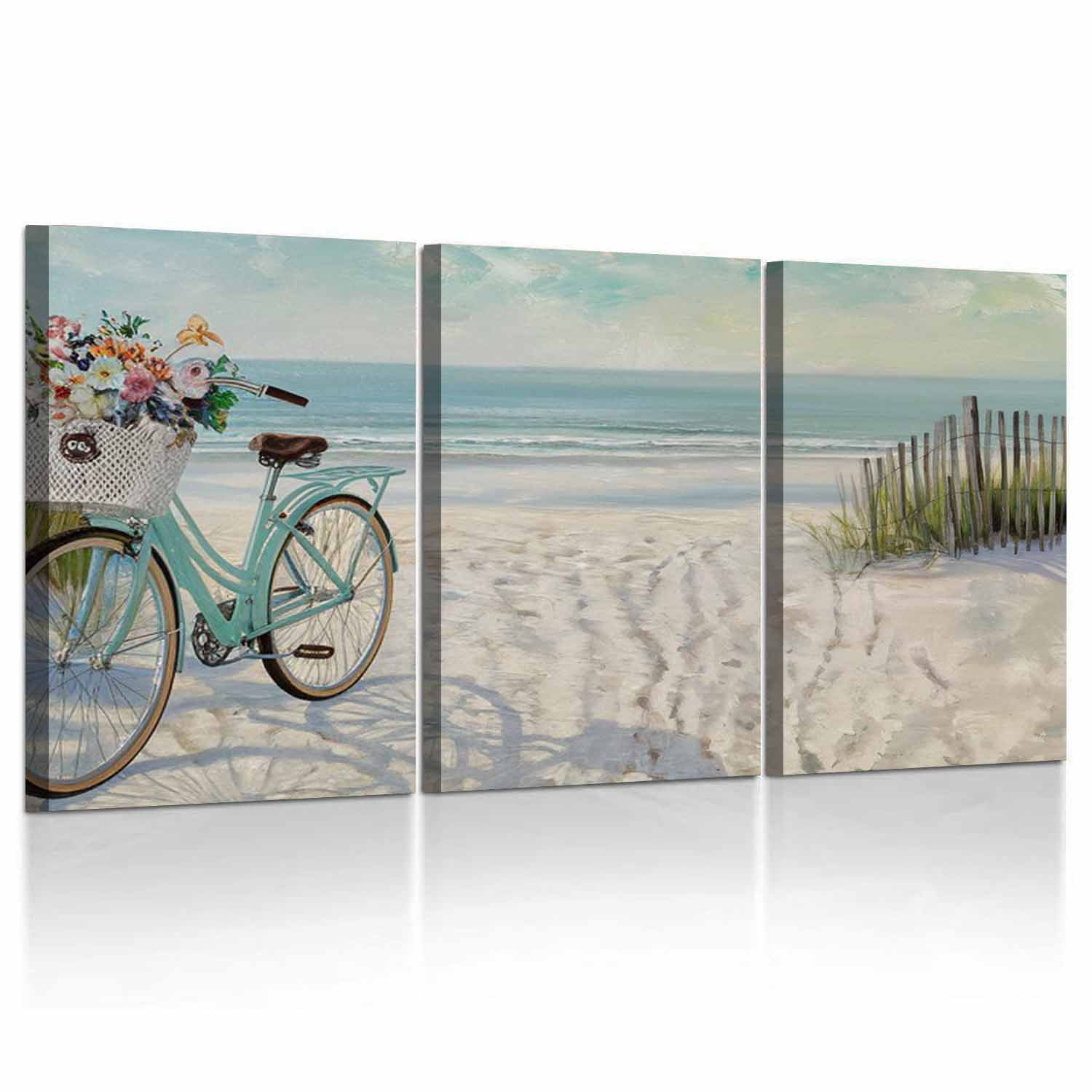 Vintage Beach Bicycle 3 Panels Modern Canvas Wall Art Print for Bedroom ...