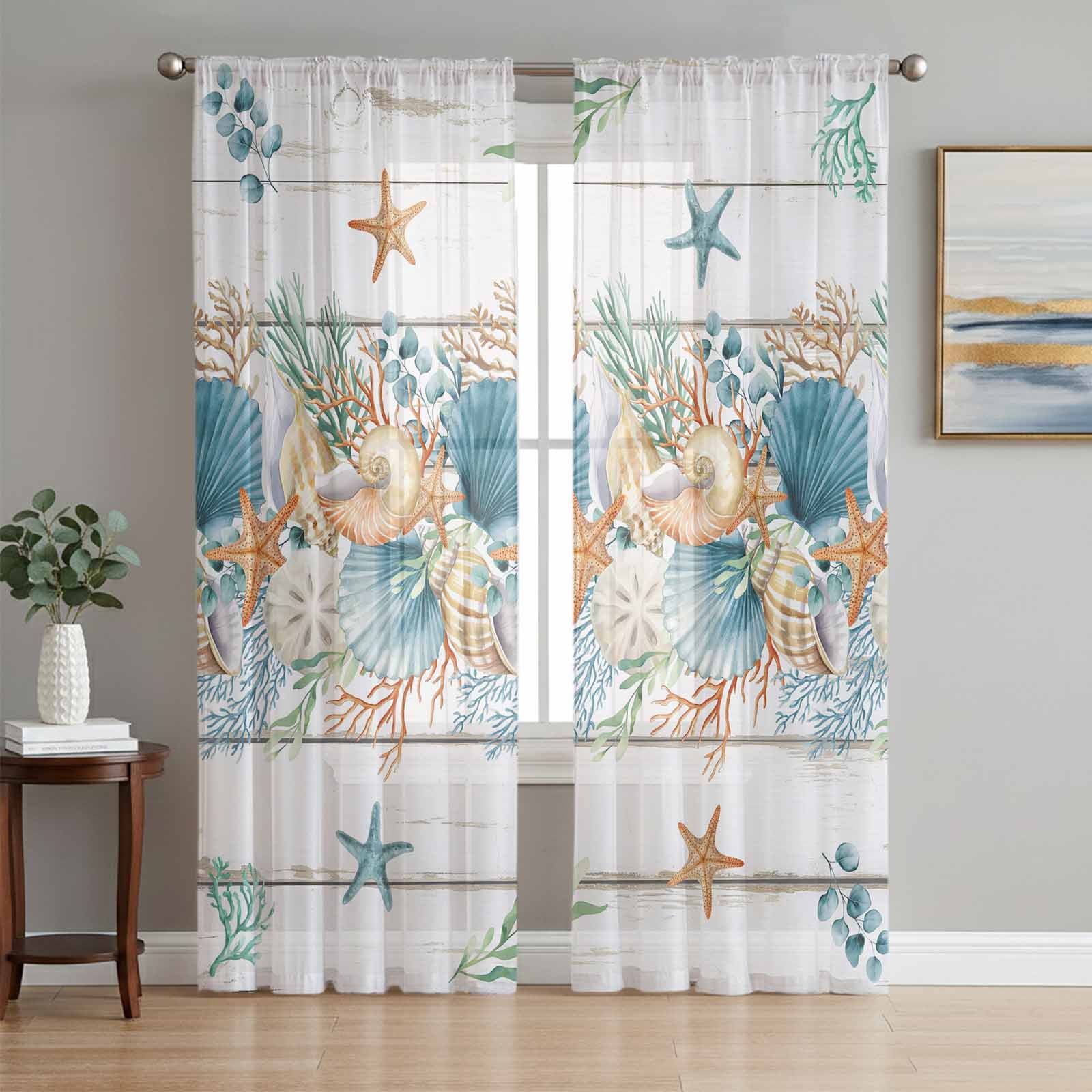 Vintage Beach Coastal Sheer Curtains 84 Inch Length 2 Panels Set Window ...