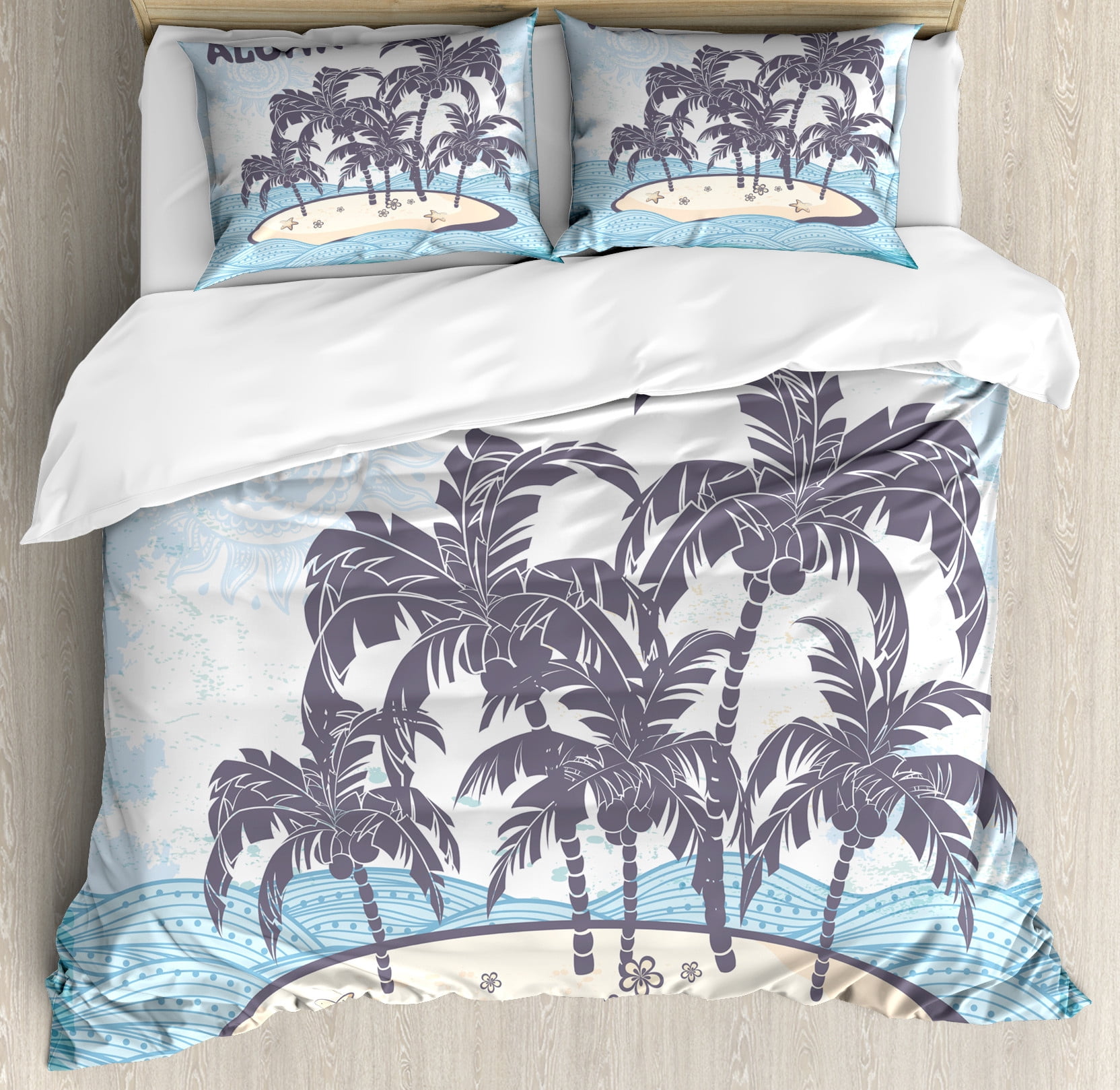 Vintage Beach Duvet Cover Set, Illustration Aloha Themed Hawaiian ...