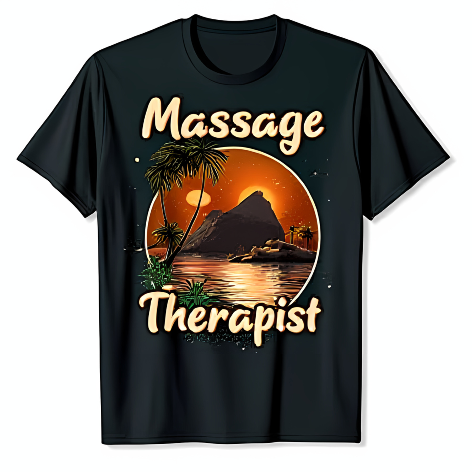 Vintage Beach Scene Black T-Shirt for Massage Therapists Retro Sunset ...