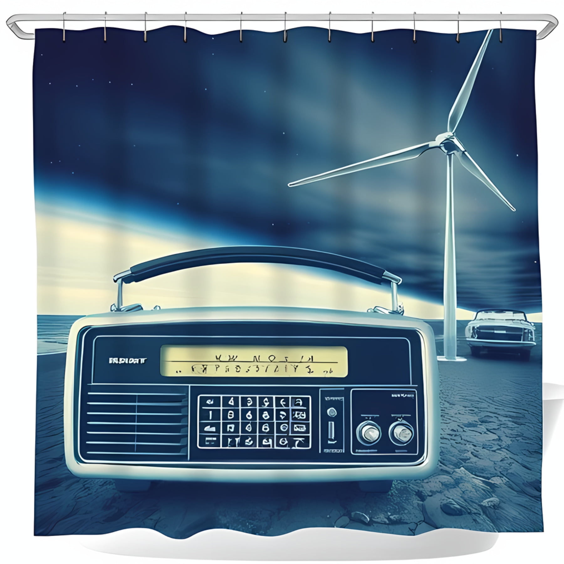 Vintage Beach Scene Shower Curtain - Surreal Sky Classic Car & Wind ...