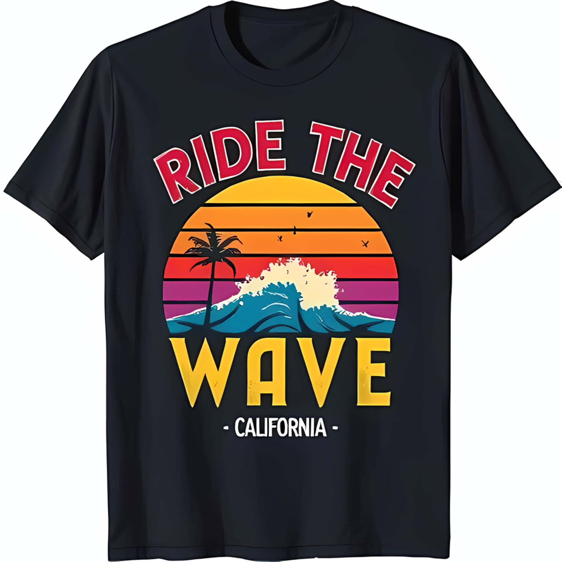 Vintage Beach Scene T-Shirt Tree Sunset & Wave Design Ride the Wave ...