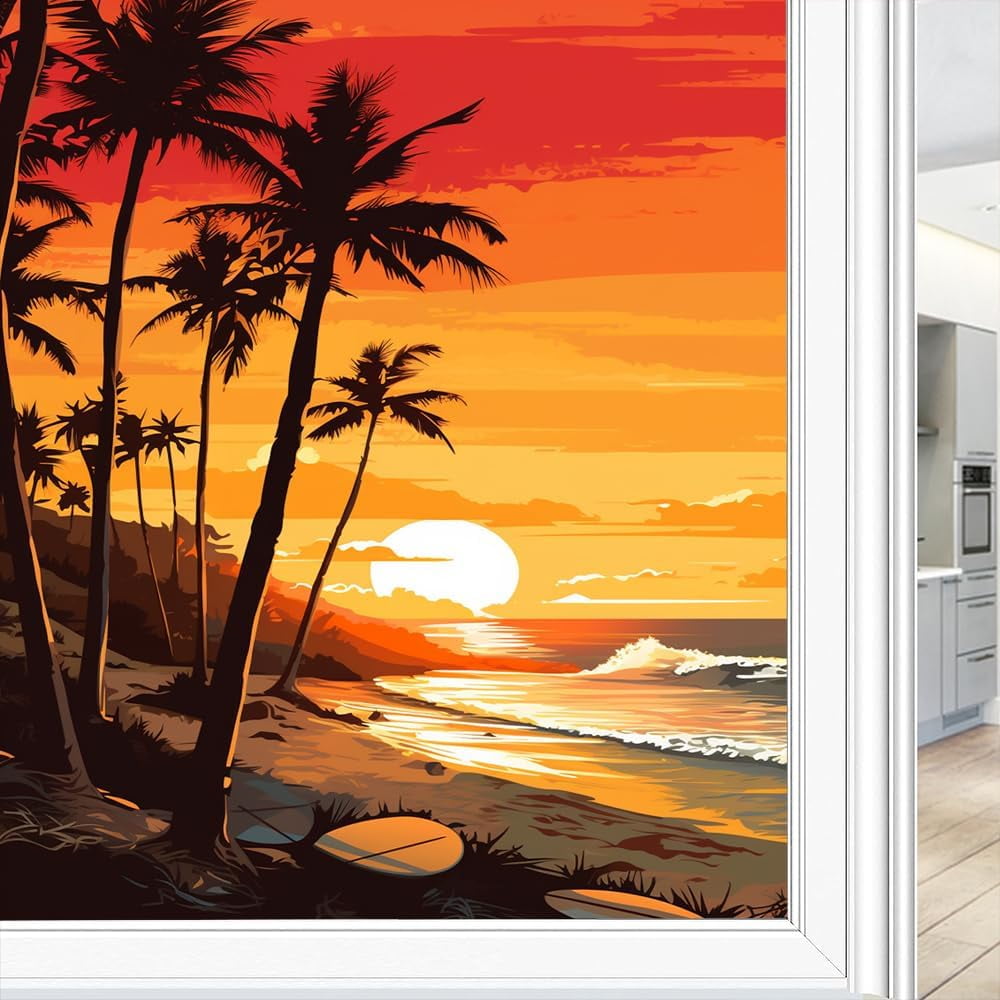 Vintage Beach Stained Glass Window Film Orange Sunset Watercolor Palm ...