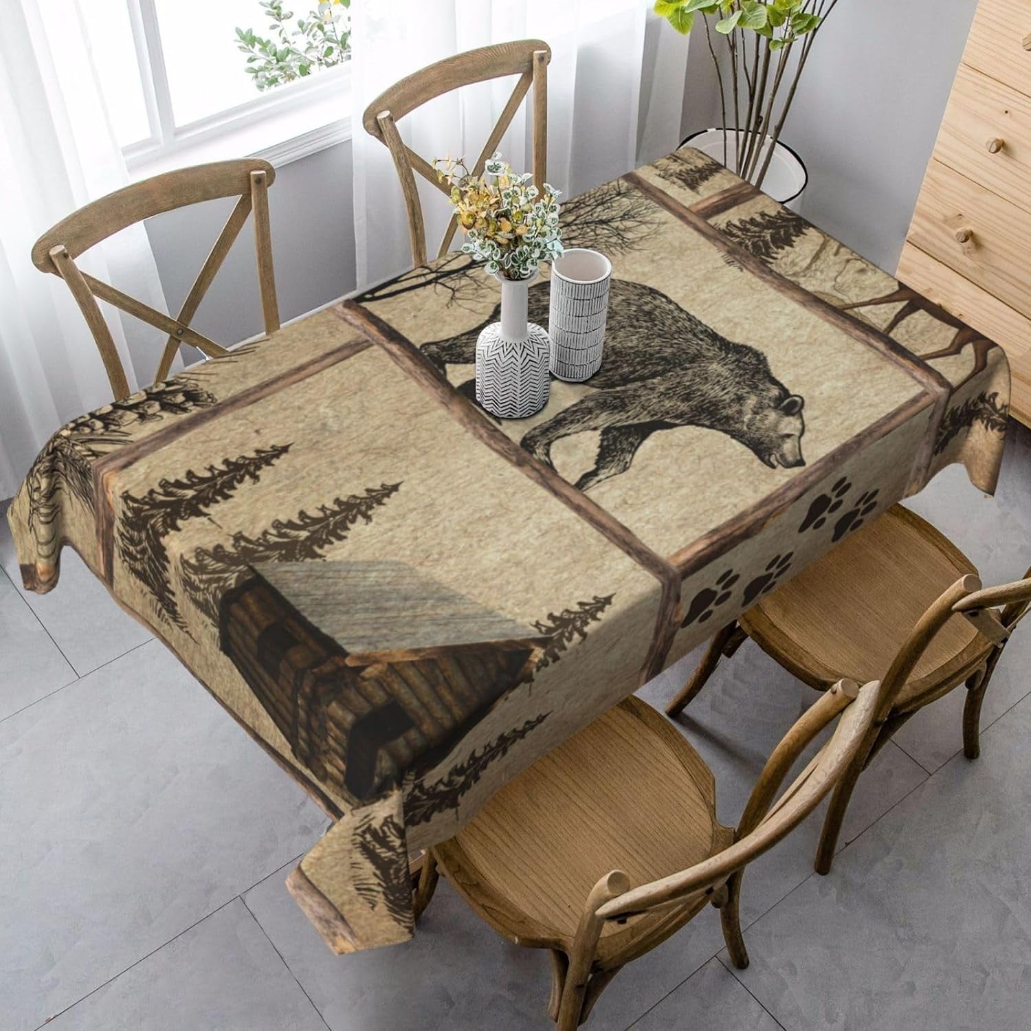 Vintage Bear Deer Rectangular Tablecloth,Rustic Lodge Forest Farm ...