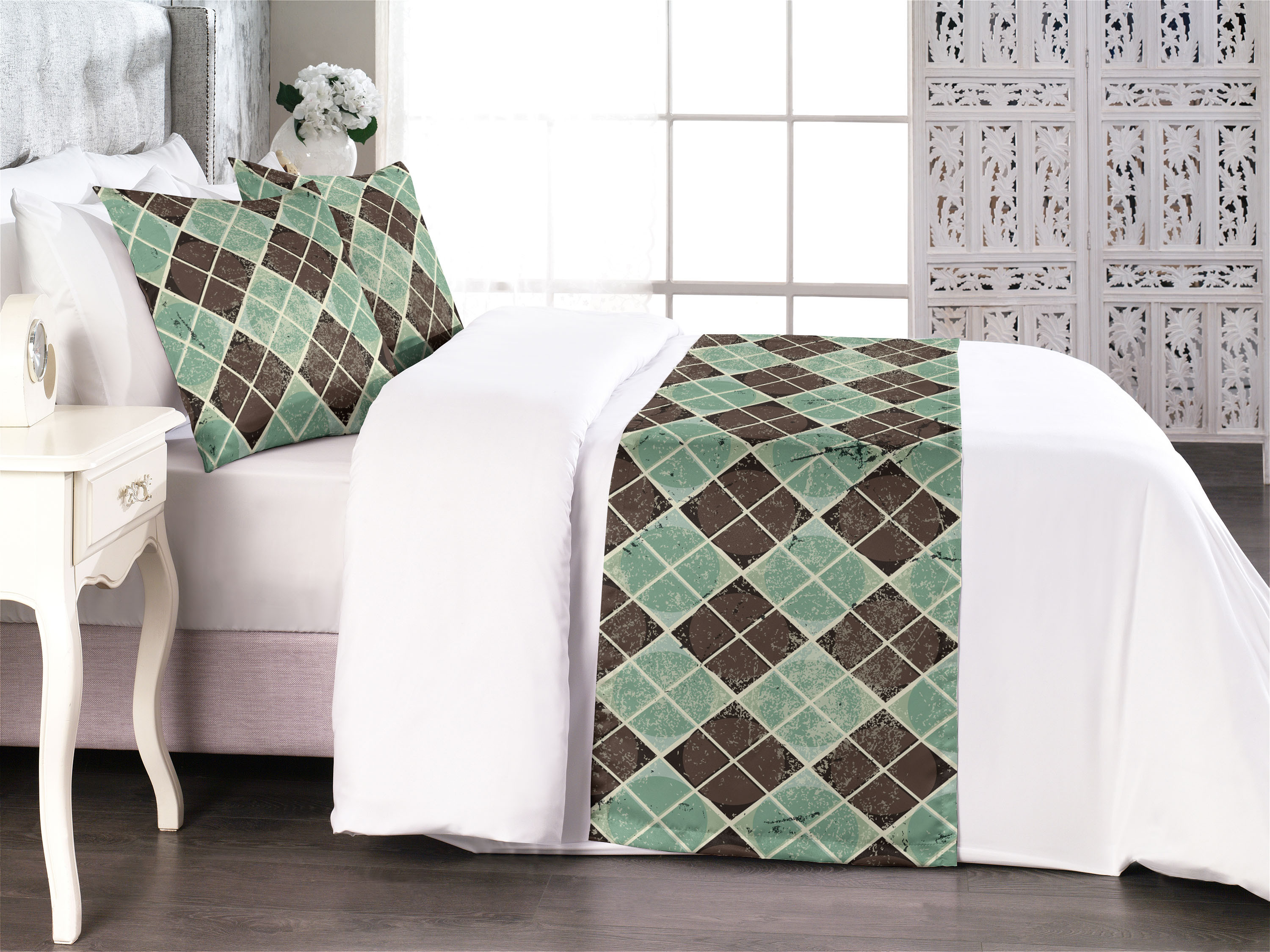 Vintage Bed Runner Set, Geometric Boho Argyle Checkered Mosaic Lozenges and Quadrant Forms Print ...