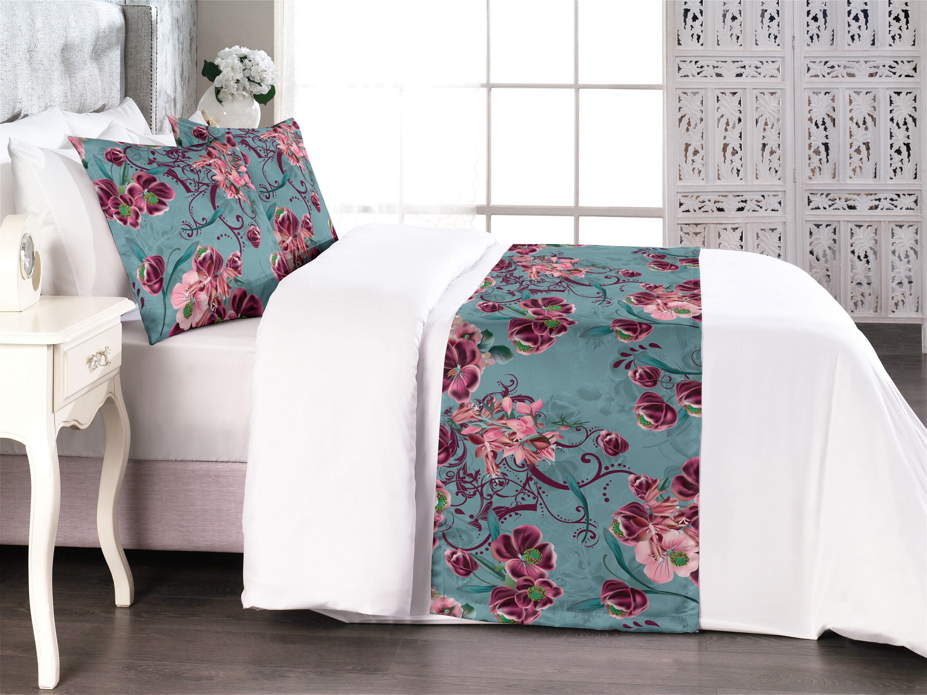 Vintage Bed Runner Set, Tropical Flowers and Leaves Pattern Nature ...