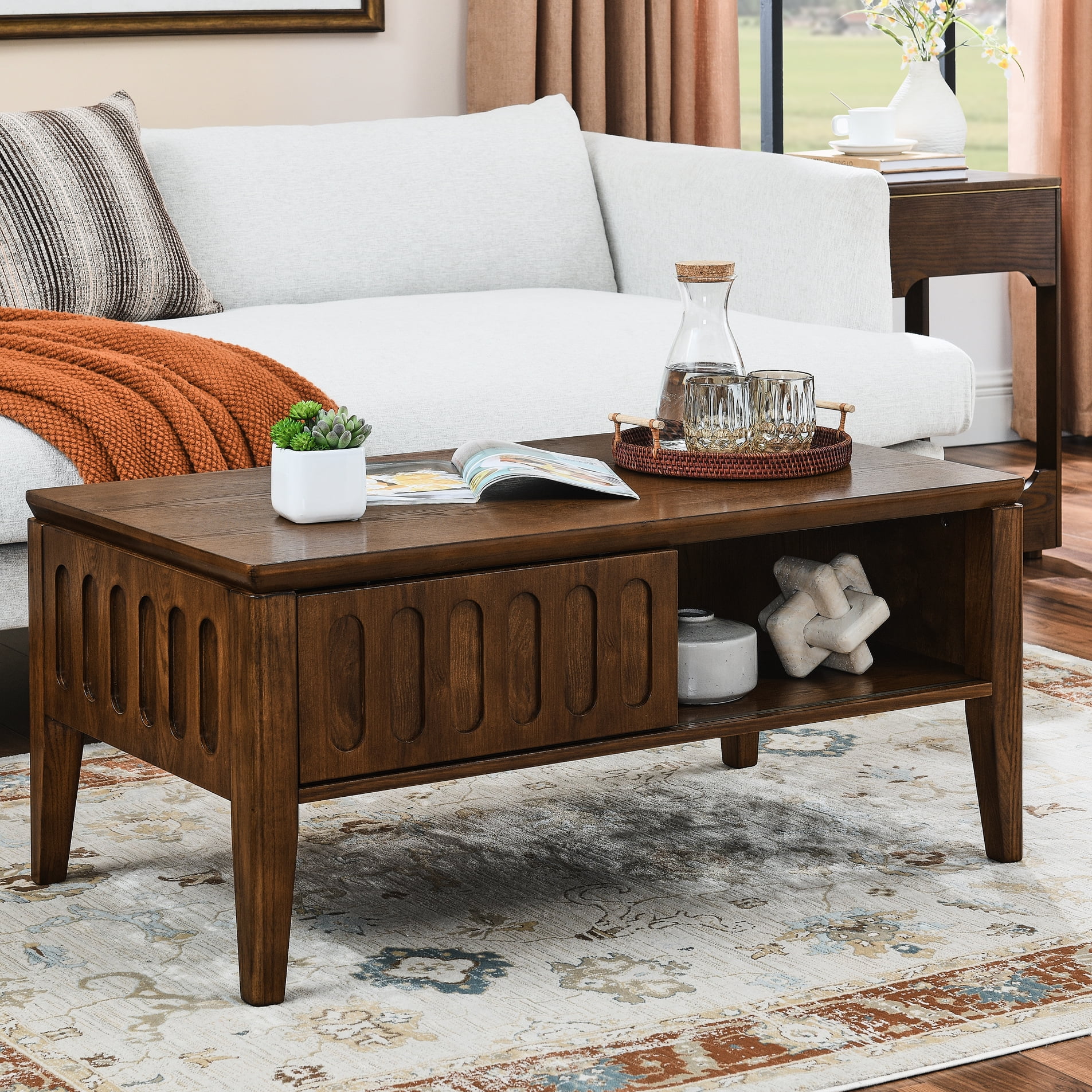 Vintage Bedroom Chest With Storage Sliding Door & Solid Wood Leg, Mid ...