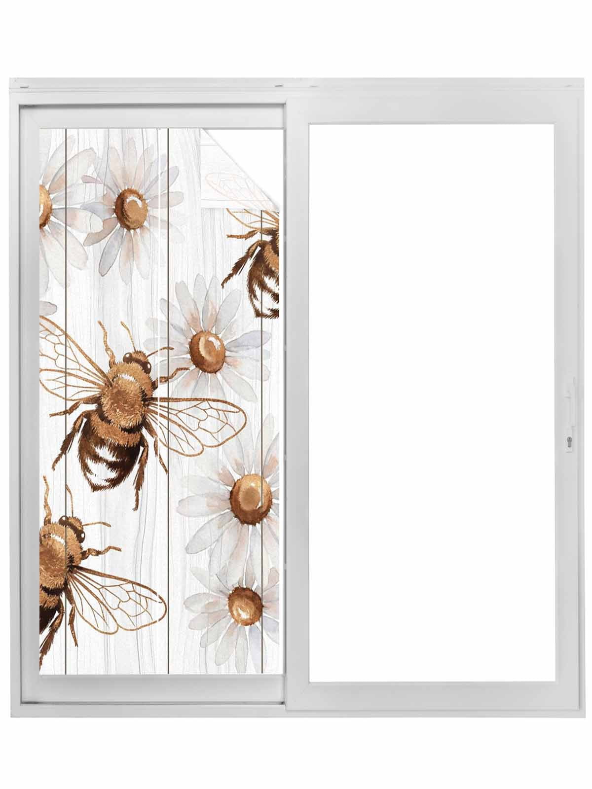 Vintage Bees Daisy Window Privacy Film, Wooden Farmhouse Art Retro ...