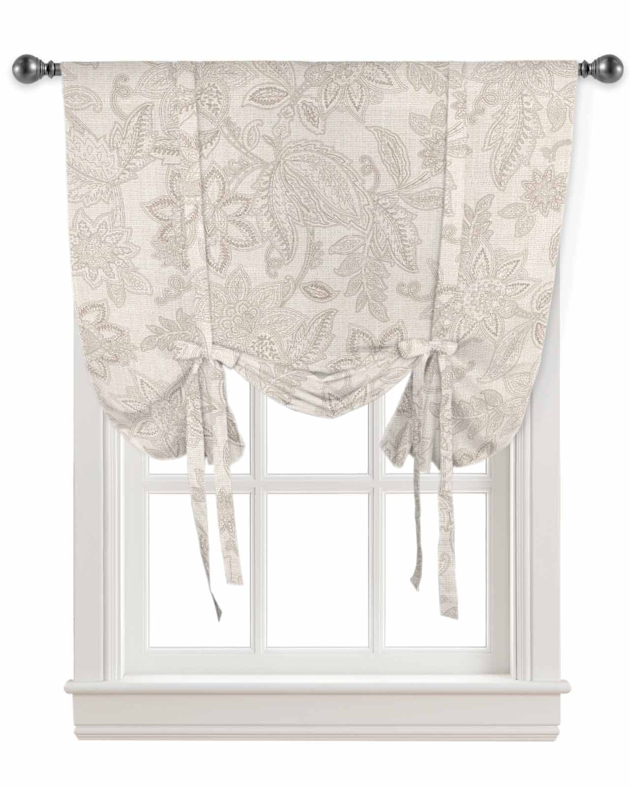 Vintage Beige Flower Tie Up Curtains for Window, Modern Ethnic Botanical Thermal Insulted ...