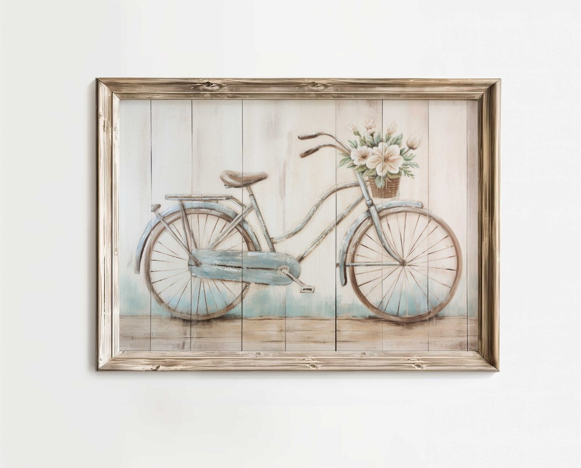 Vintage Bicycle Print, Bicycle & Flowers, Rustic Floral Wall Decor ...