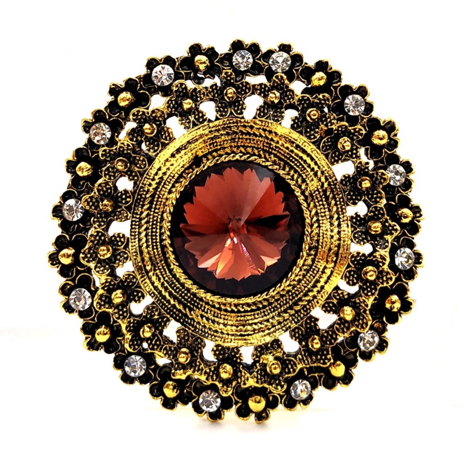 Vintage Big Brown Glass Stone Round Sash Brooch Pin Art Nouveau Jewelry ...