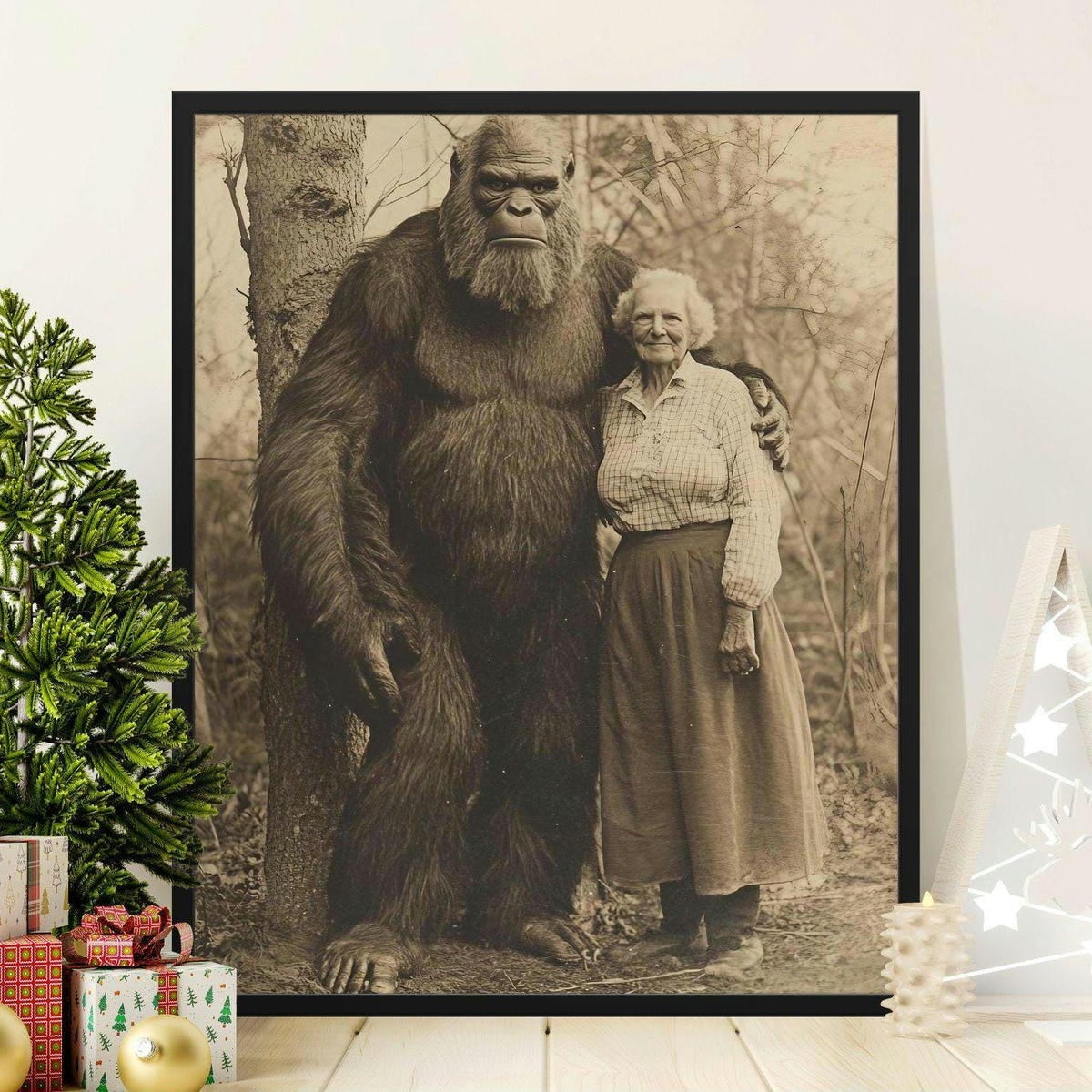 Vintage Bigfoot with Granny Poster, Old-Time Forest Encounter Art ...