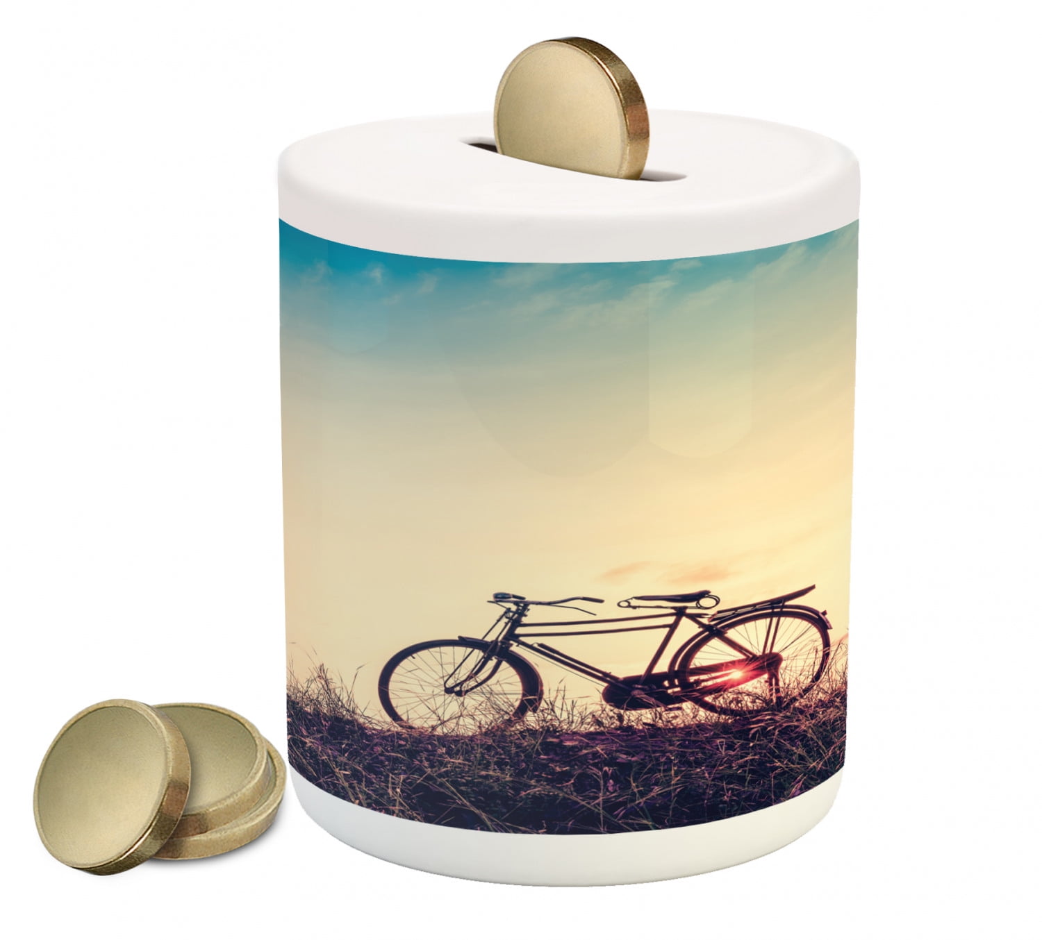 Vintage Bike Piggy Bank, Retro Filter Sunset and Bicycle in Pastel ...