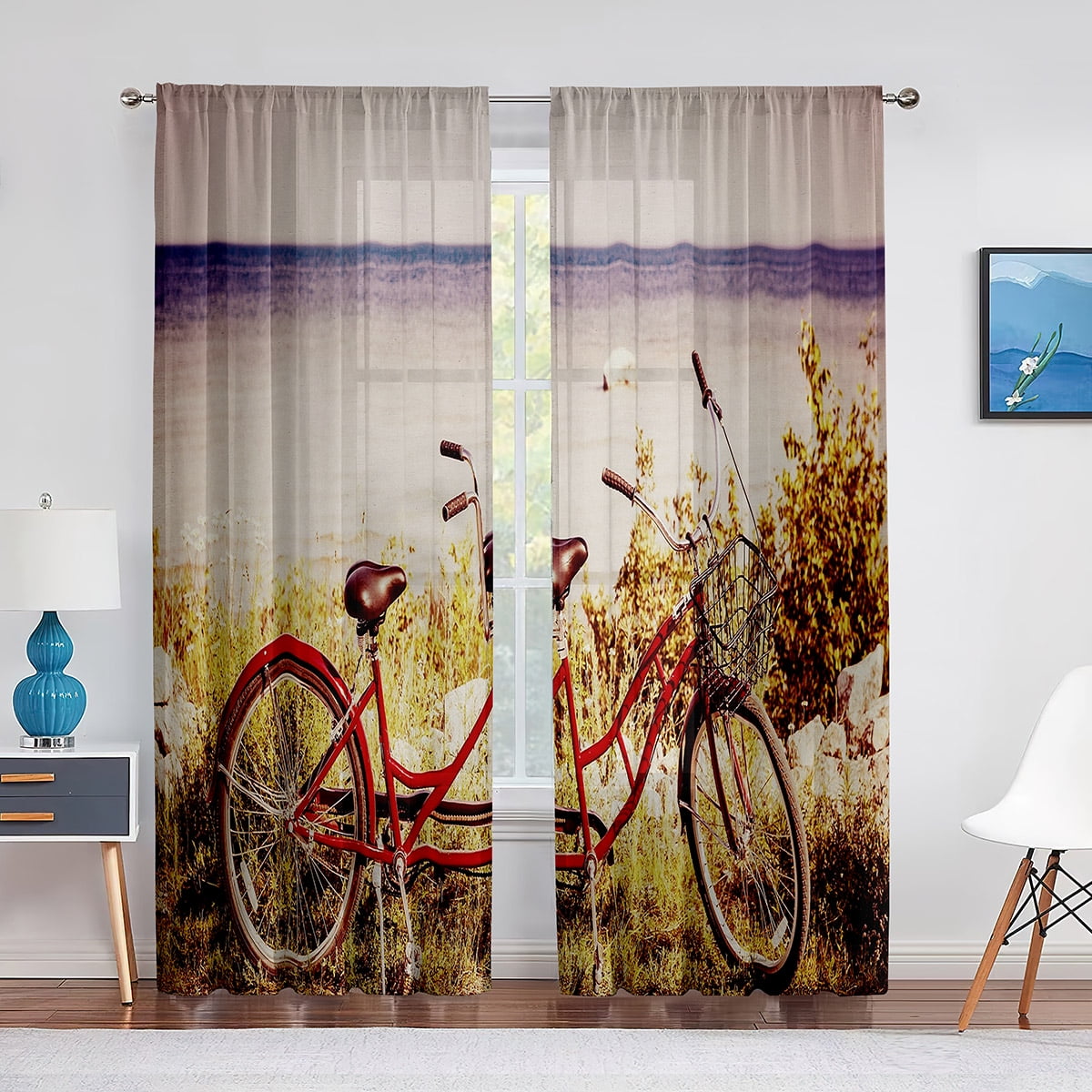 Vintage Bike Purple Flowers Tulle Curtains for Living Room Bedroom ...