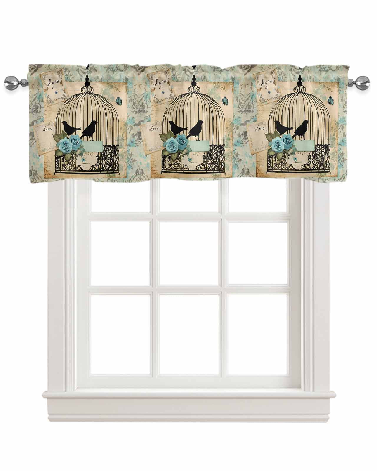 Vintage Bird Cage Kitchen Valances for Windows Farmhouse Linen Window ...