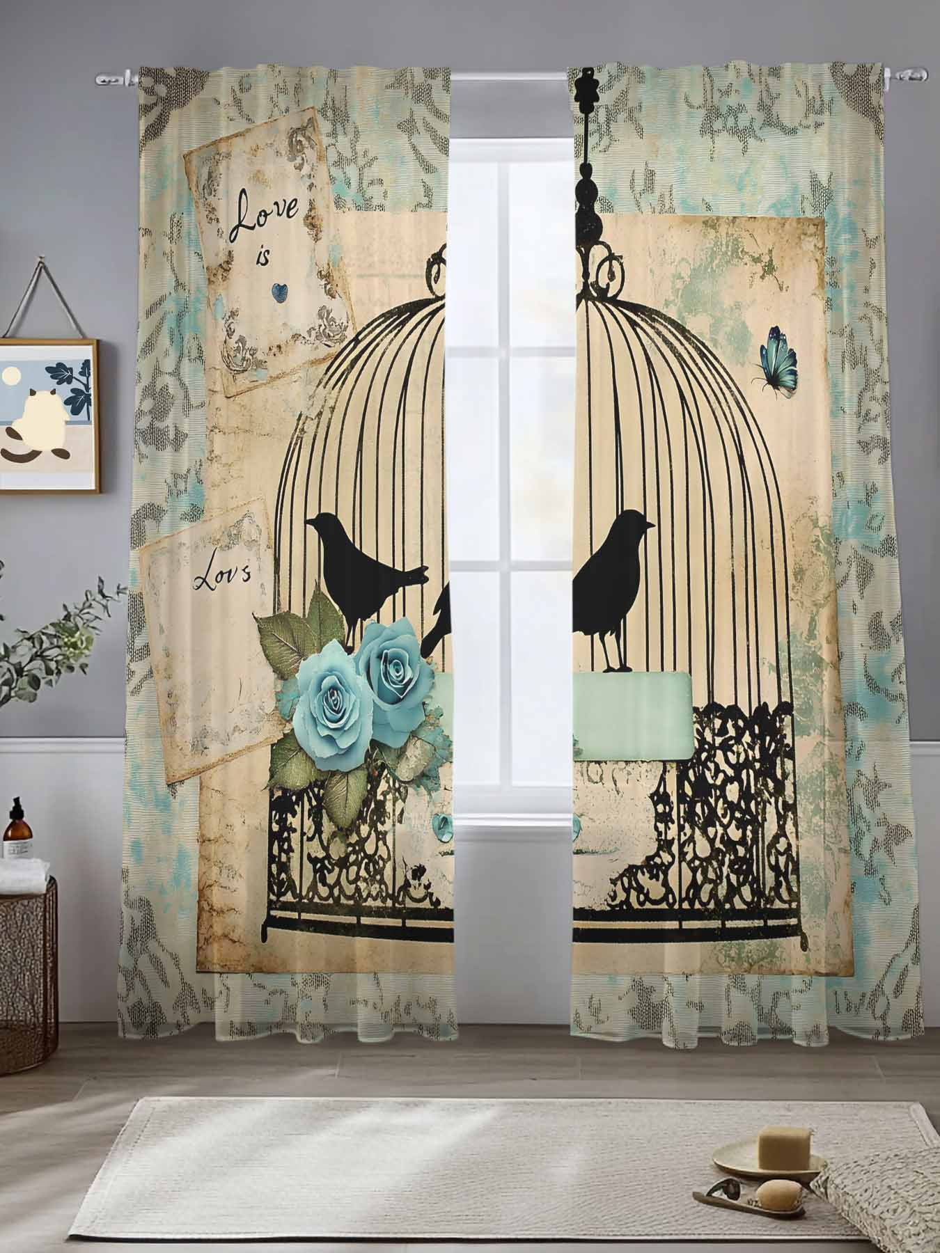 Vintage Bird Cage Sheer Curtains for Living Room Bedroom Retro Floral ...