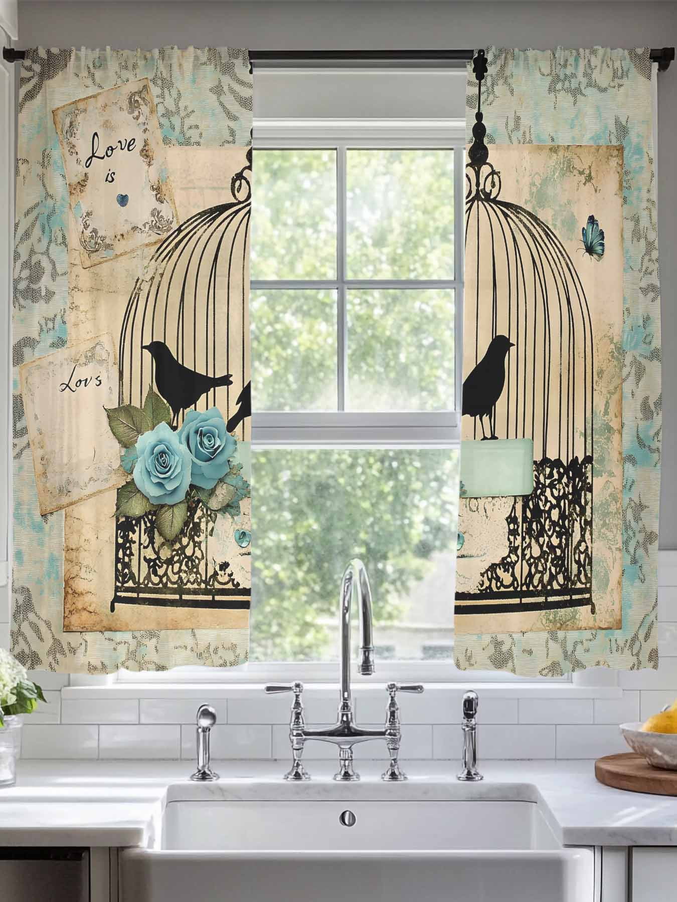 Vintage Bird Cage Sheer Curtains for Living Room Bedroom Retro Floral ...