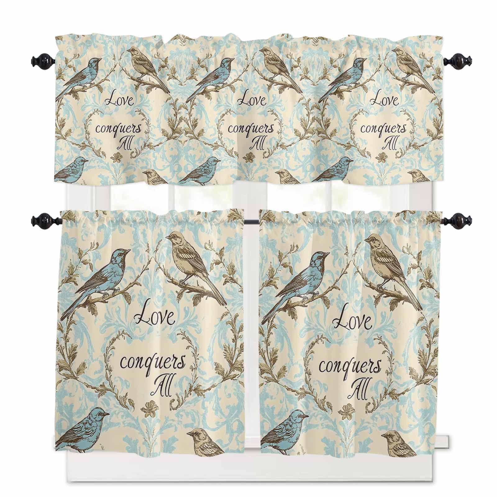 Vintage Bird Kitchen Curtains Valances and Tiers Set of 3, 36 Inch ...