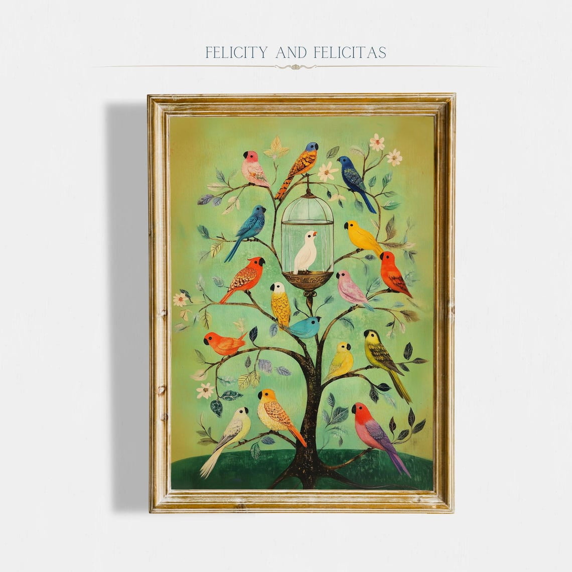 Vintage Bird Tree Wall Art, Antique Style Parrot Painting, Green Home ...
