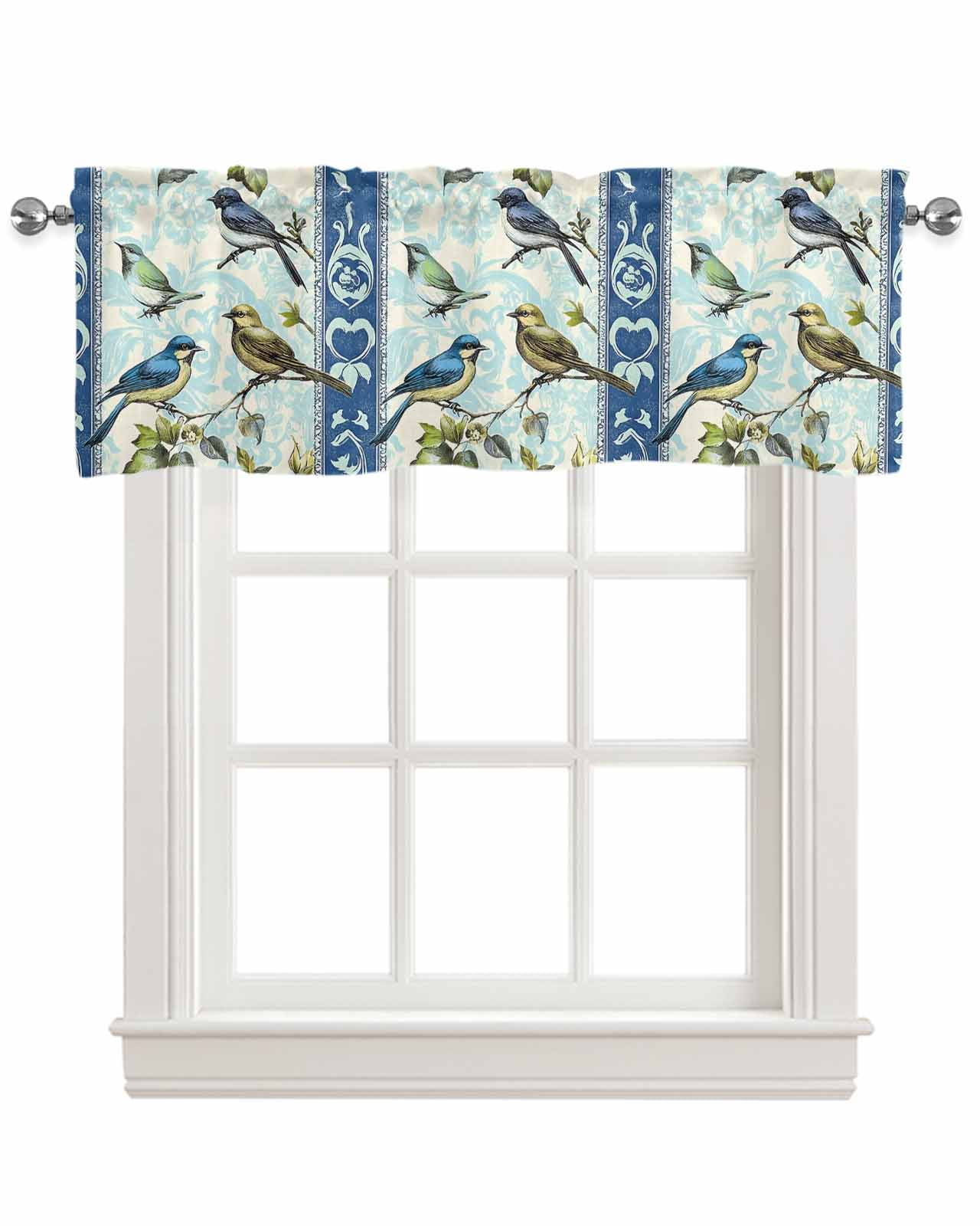 Vintage Birds Branches Kitchen Valances for Windows Farmhouse Linen ...