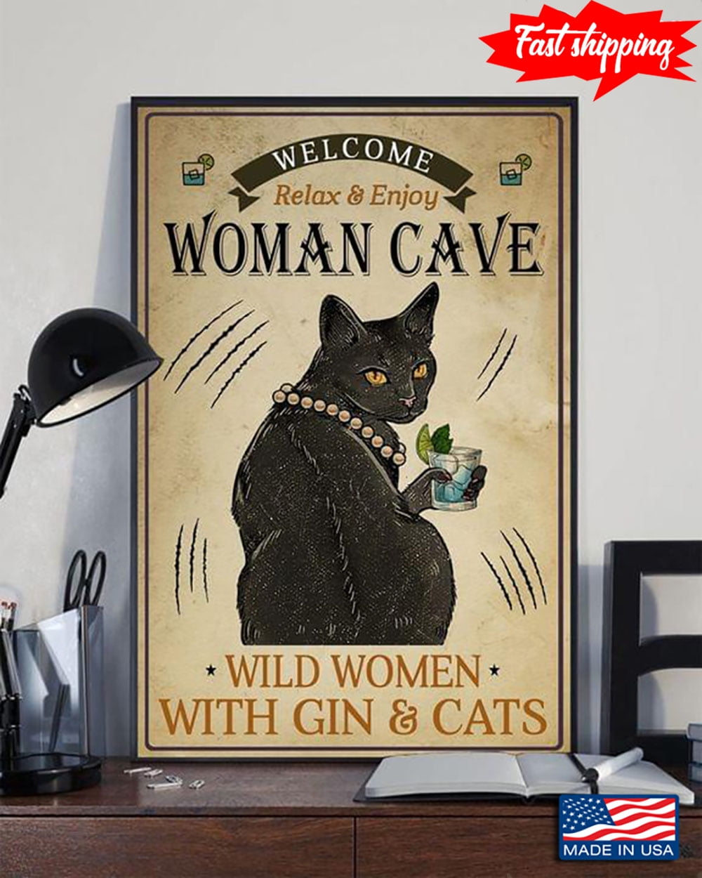 Vintage Black Cat & Gin Glass Welcome Relax & Enjoy Woman Cave Wild ...