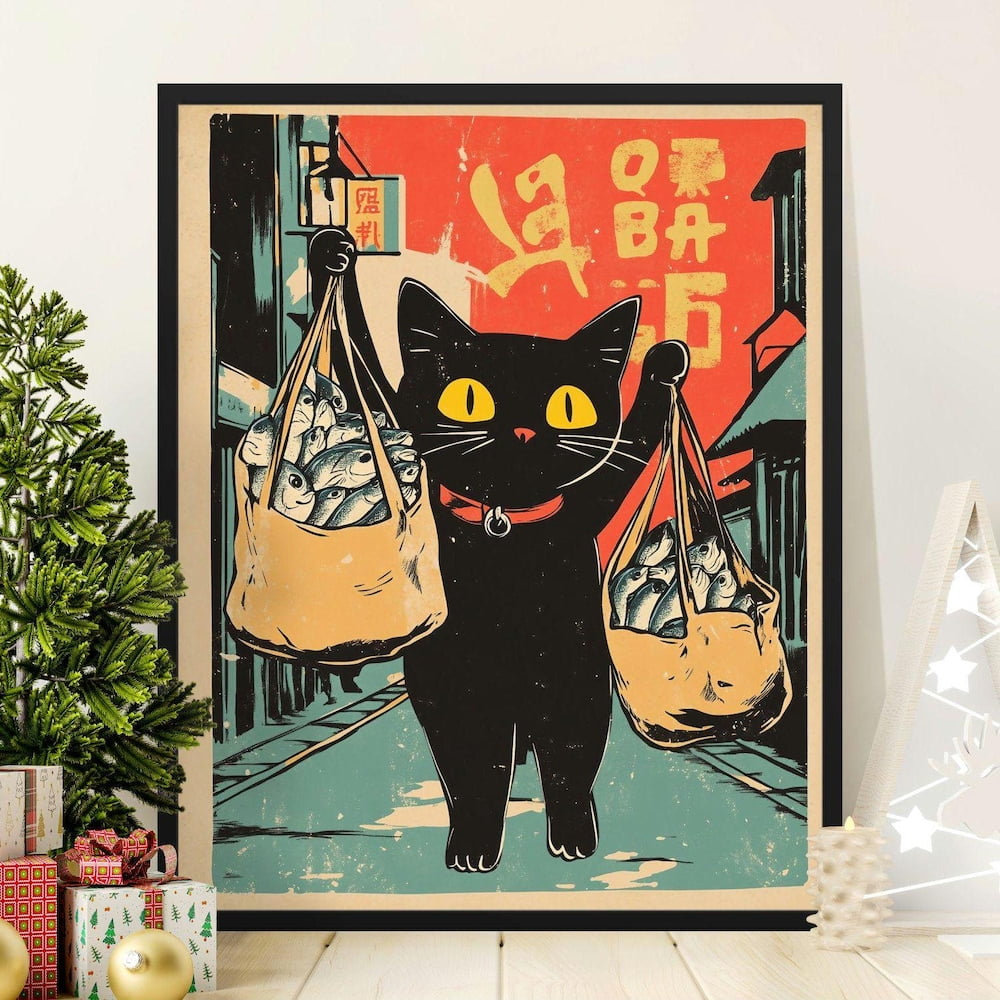 Vintage Black Cat Poster, Cute Cat With Fish Bags, Retro Style Cat Wall ...