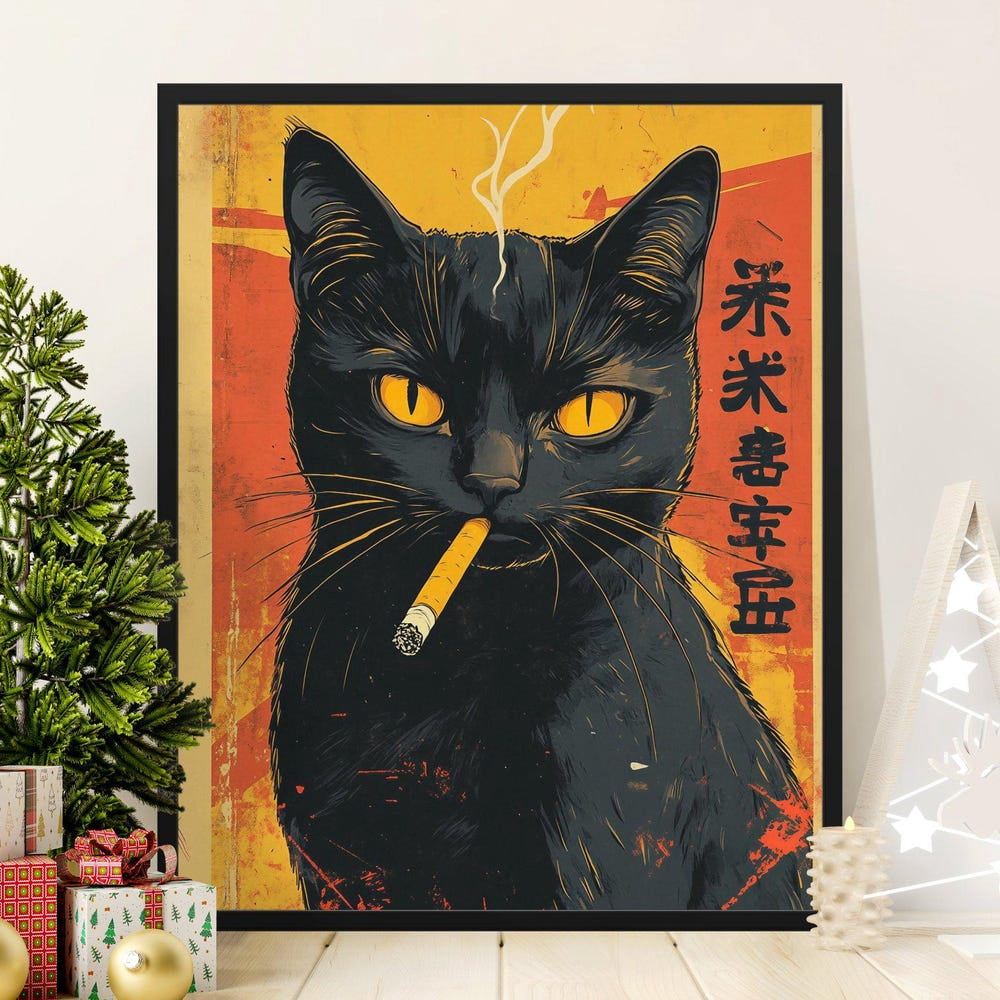 Vintage Black Cat Poster, Retro Illustration Smoking Cat Art, Quirky ...