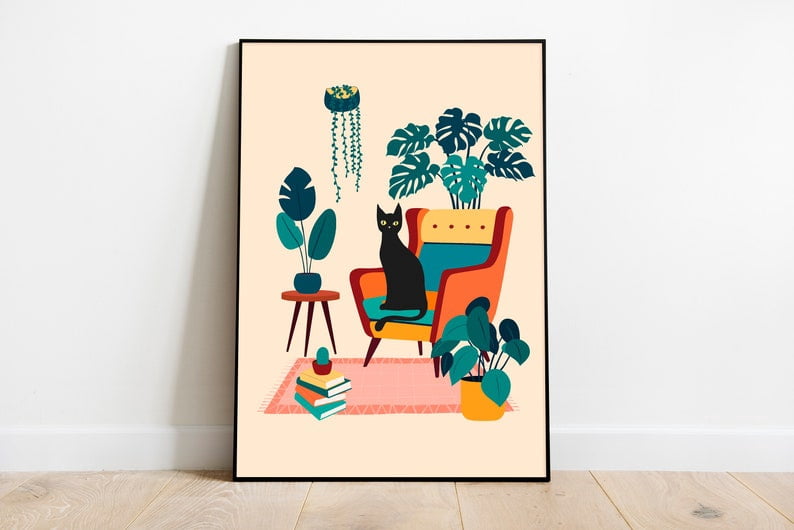 Vintage Black Cat Poster with Houseplants, Boho Minimalist Wall Art ...
